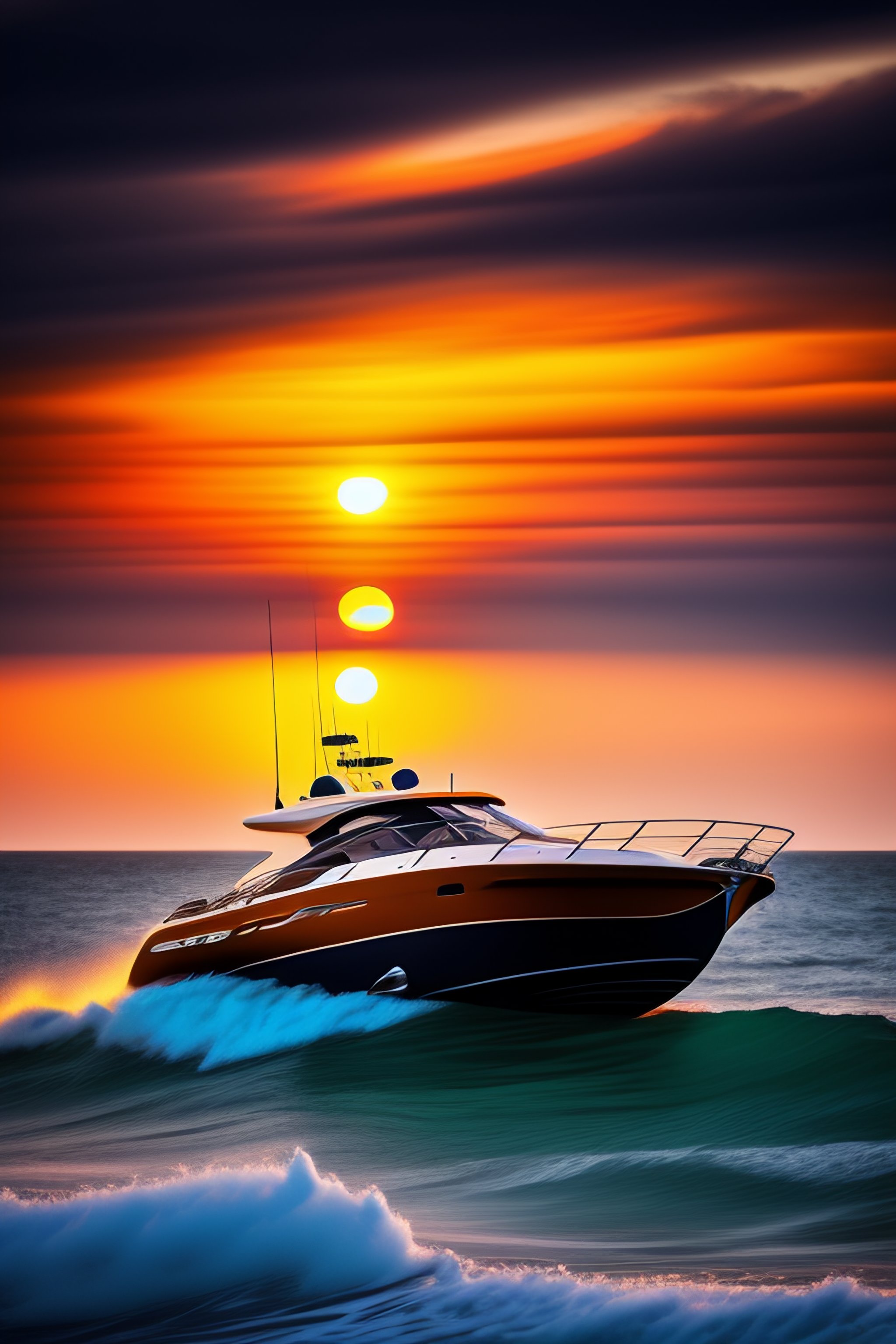 Lexica - Galeon sky powerboat with old skipper, ocean setting, sunset ...