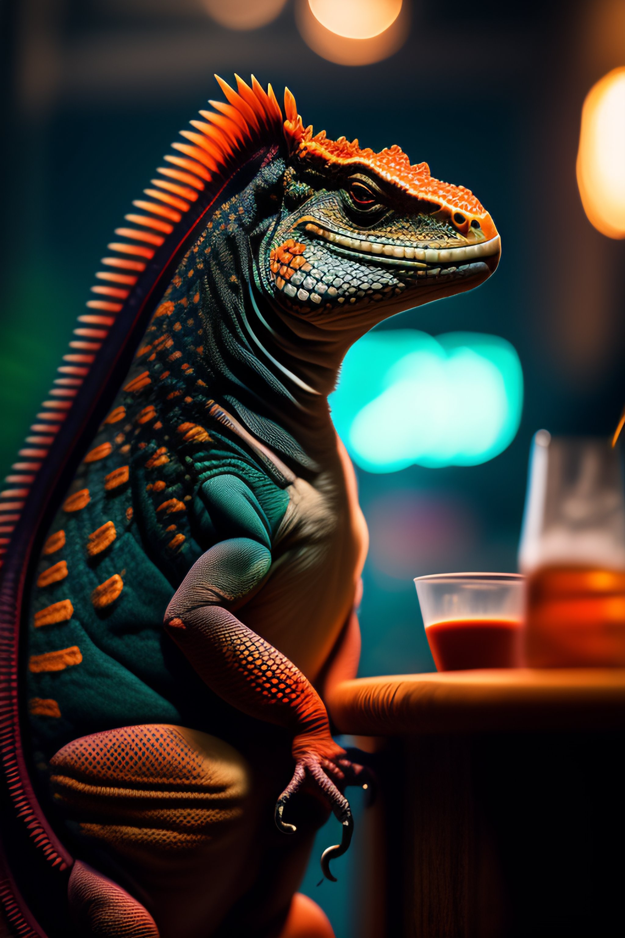 Lexica - Ronin iguana entering a cyberpunk saloon
