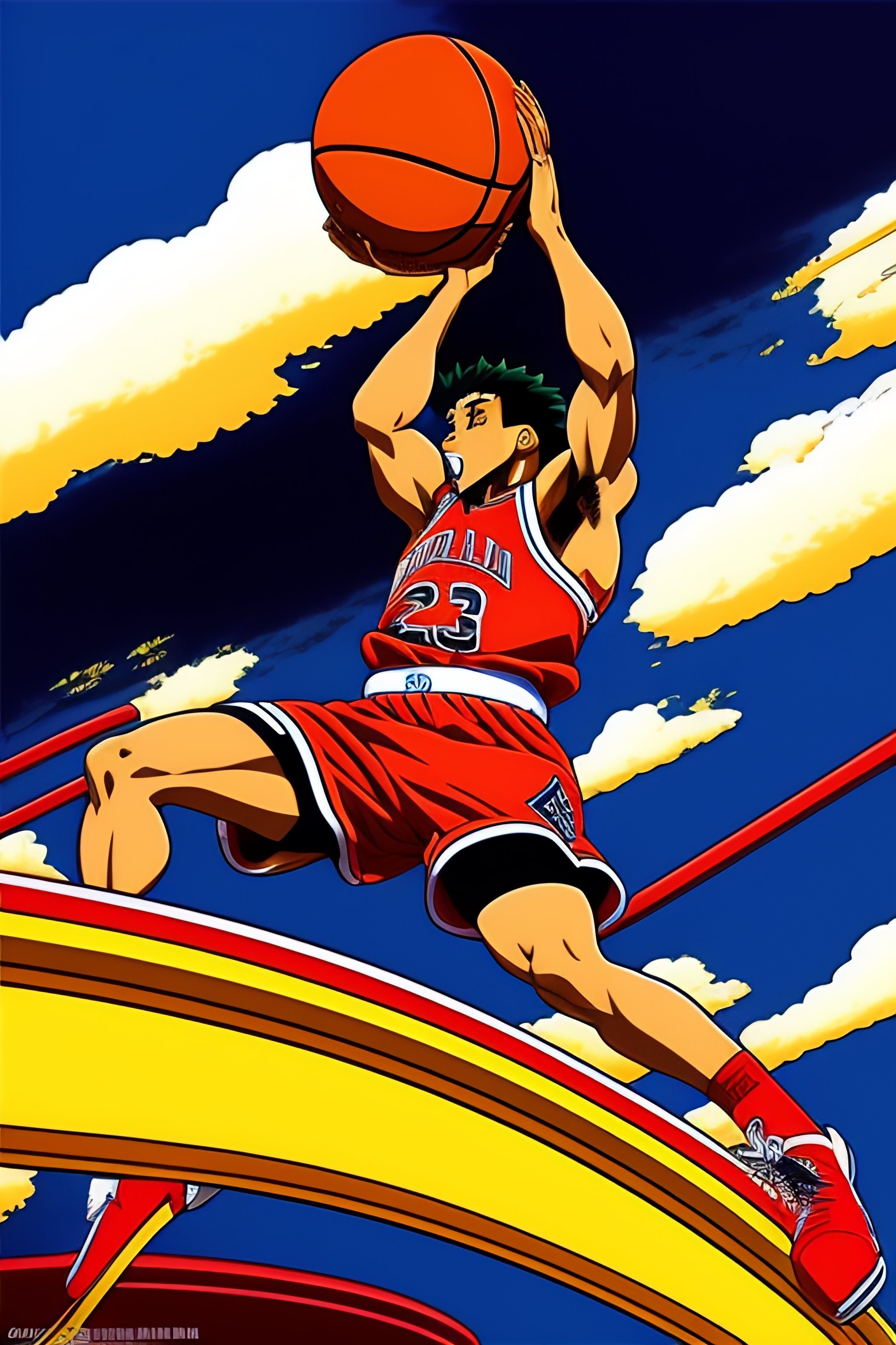 Lexica - Vintage 90's anime style. basketball man making a dunk like a ...