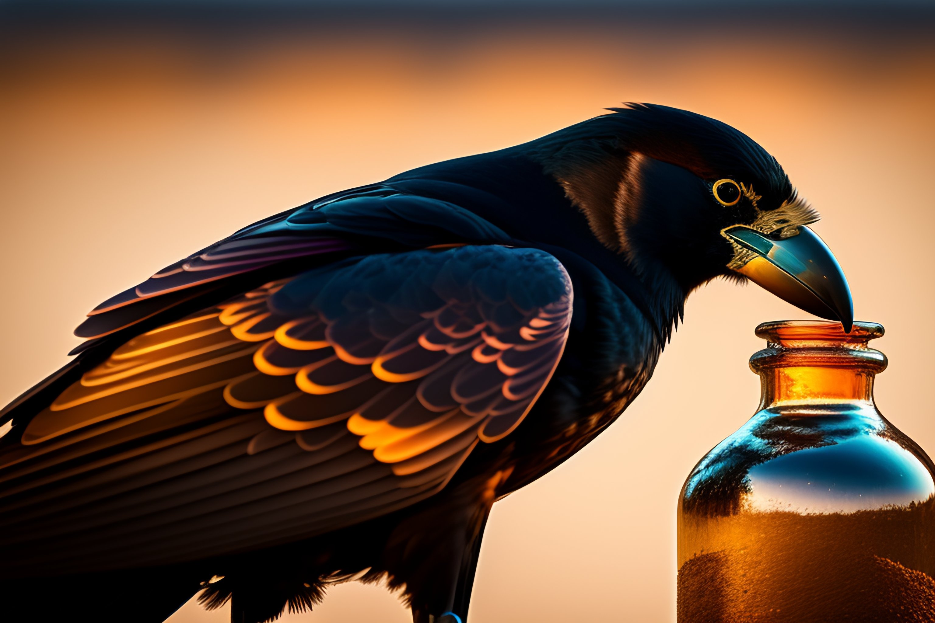 Lexica - Crow drinking a falling bottle water, desert, high detail ...