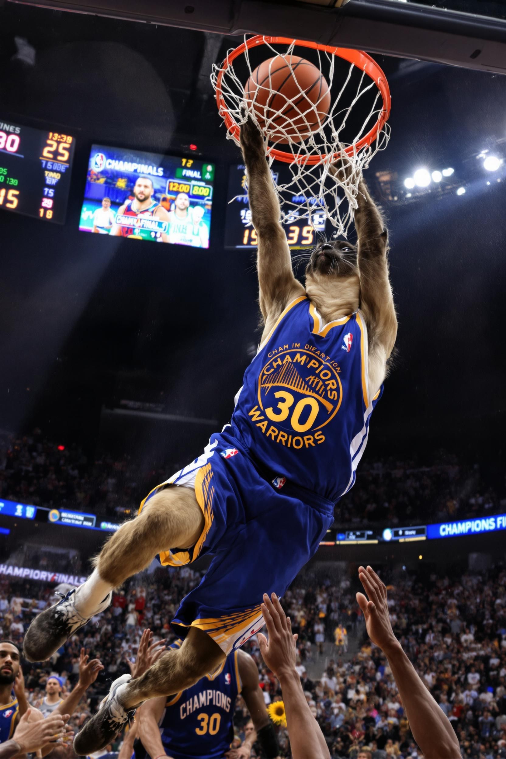 Lexica - A cat dunking a basketball in an NBA game with a jersey on