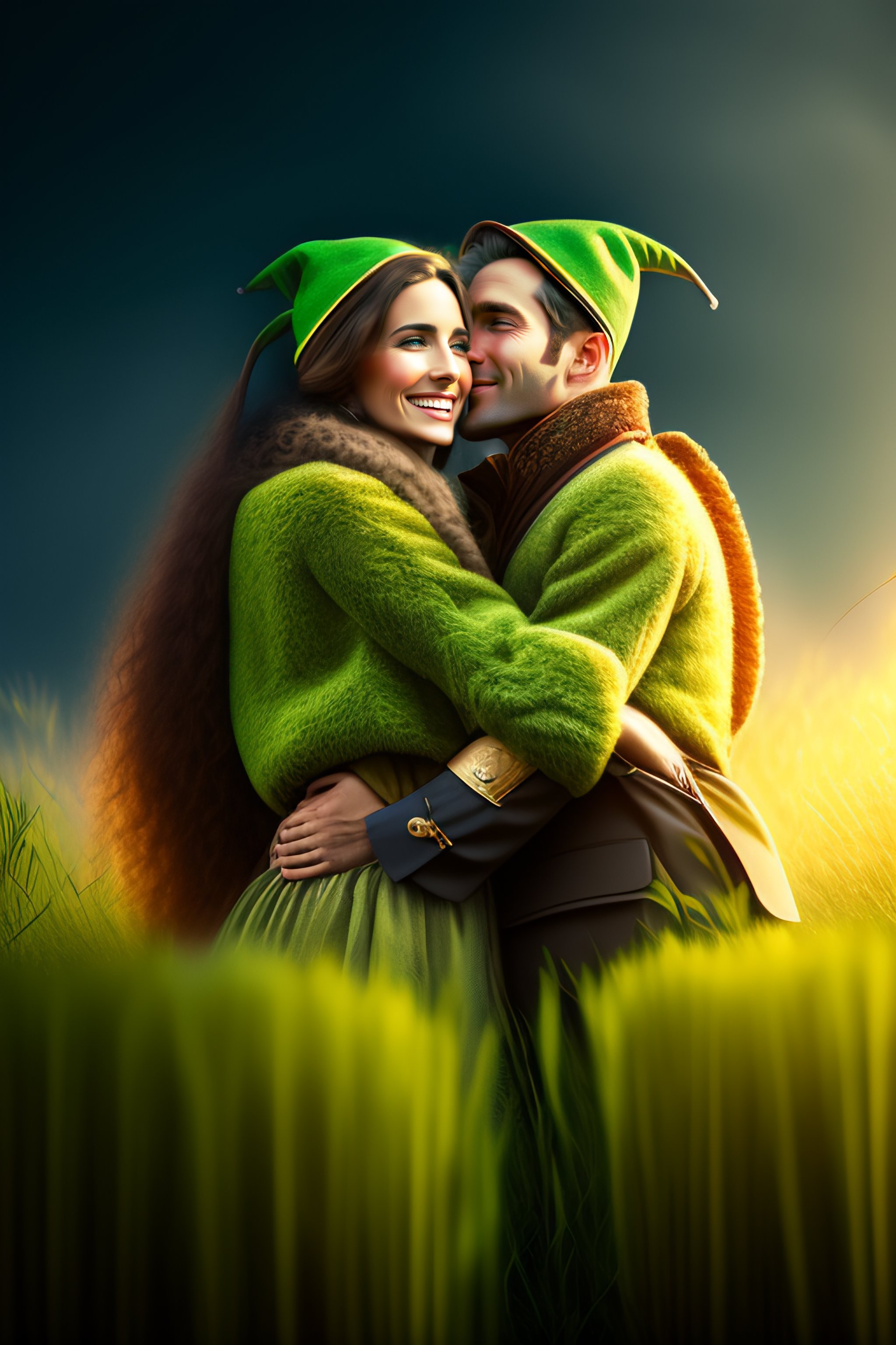 Lexica - Realistic photo, two elves hugging in tall grass