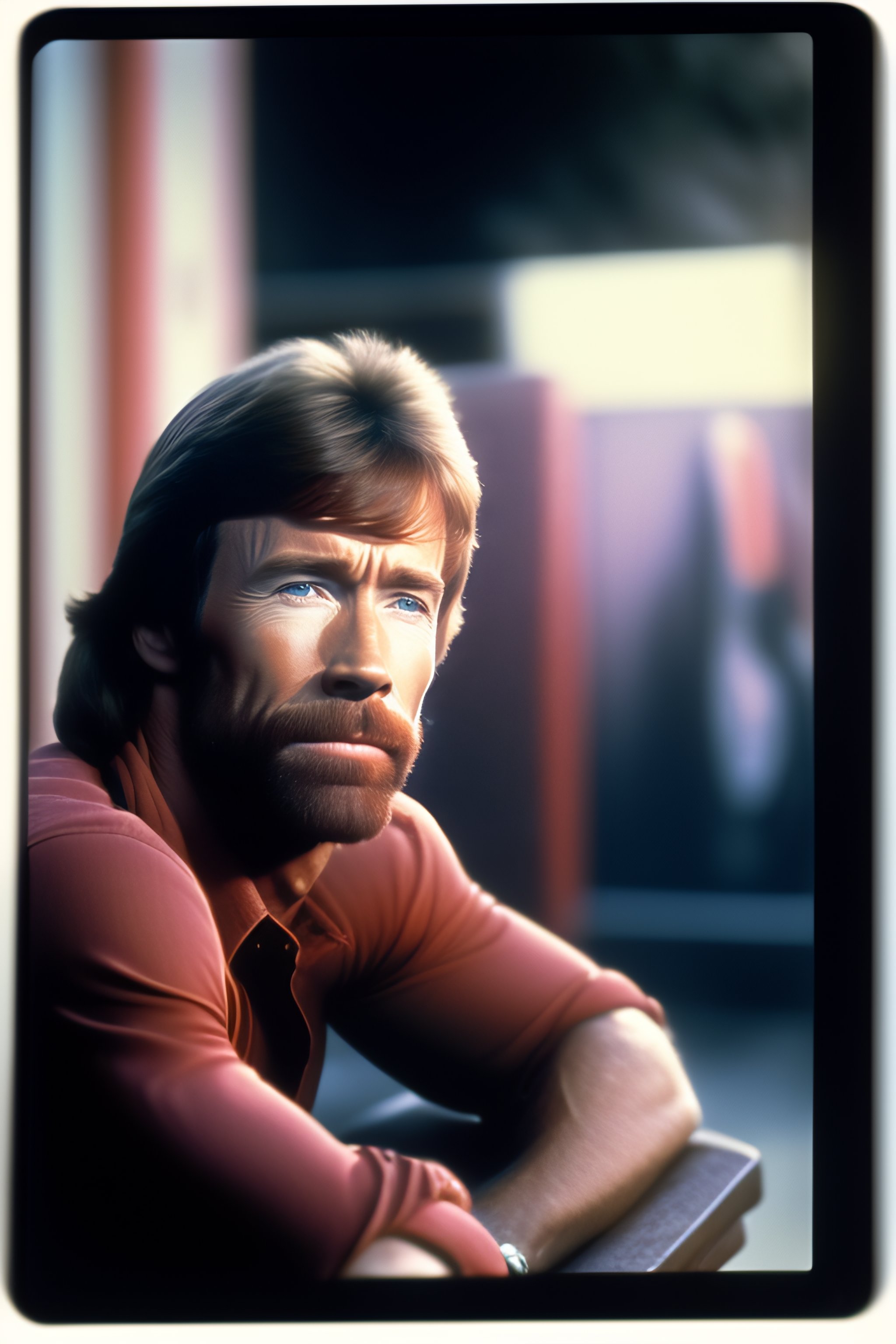 Lexica - Polaroid photo of chuck norris is sitting alone on a bench in ...