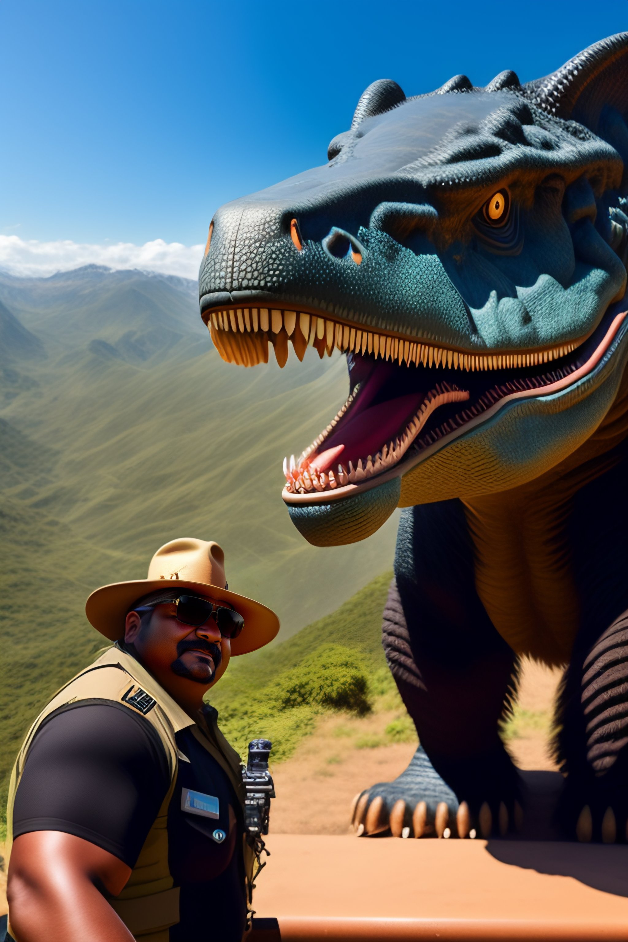 Lexica - Banderitax Taking a selfie with a t-rex