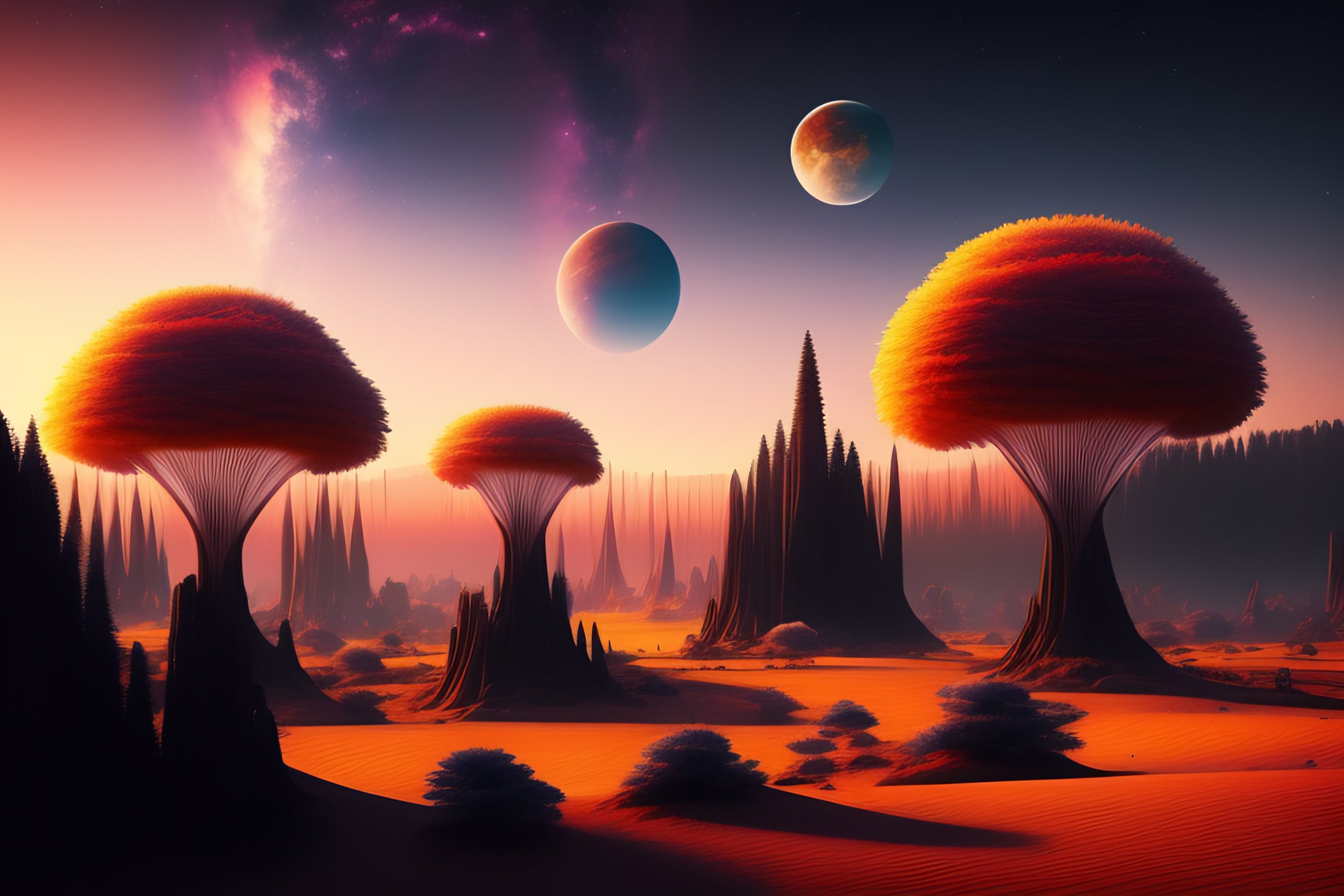 Lexica - A dreamlike landscape with strange trees and planets in the sky