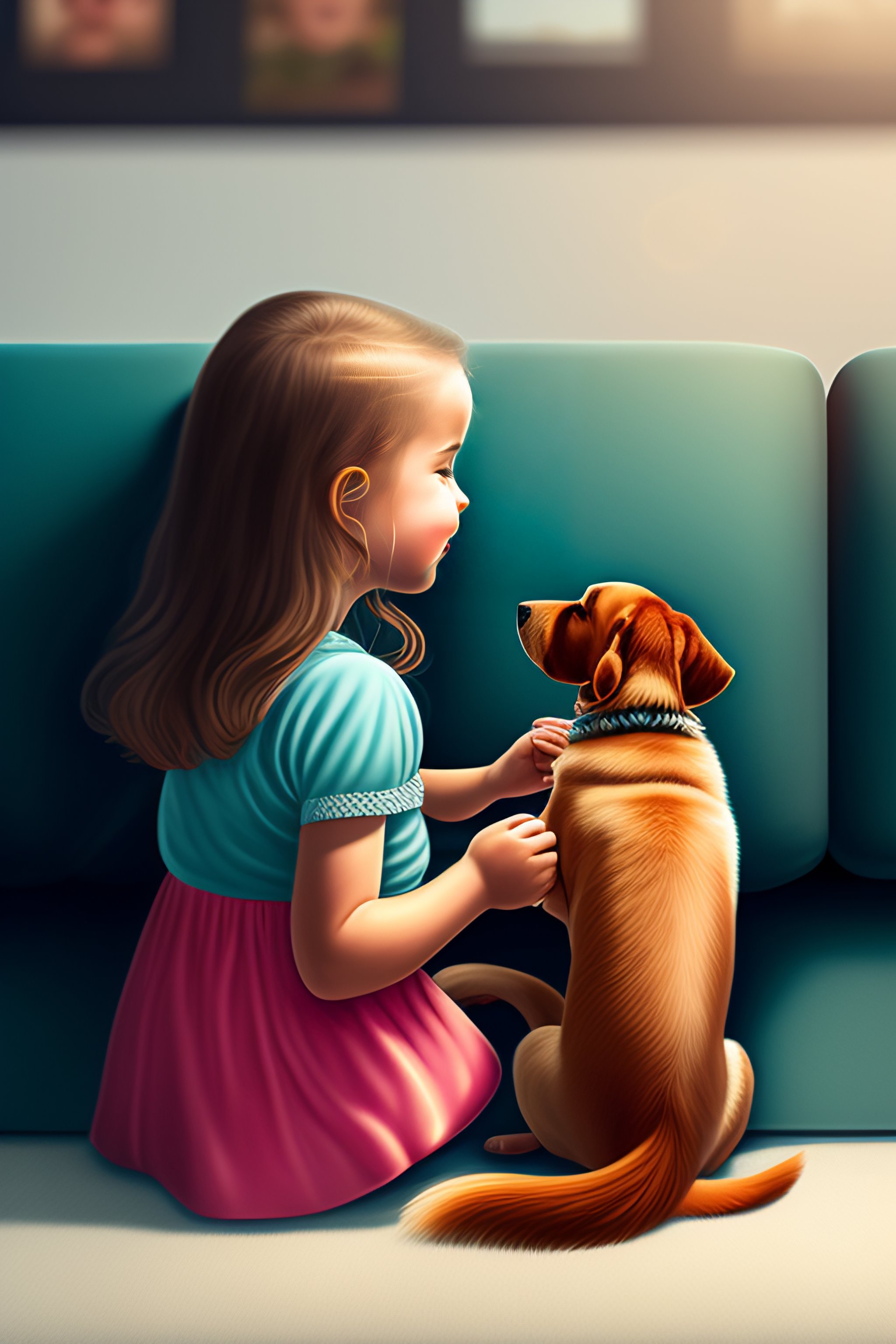 Lexica - A girl playing with her dog, illustrated in the style of Martine