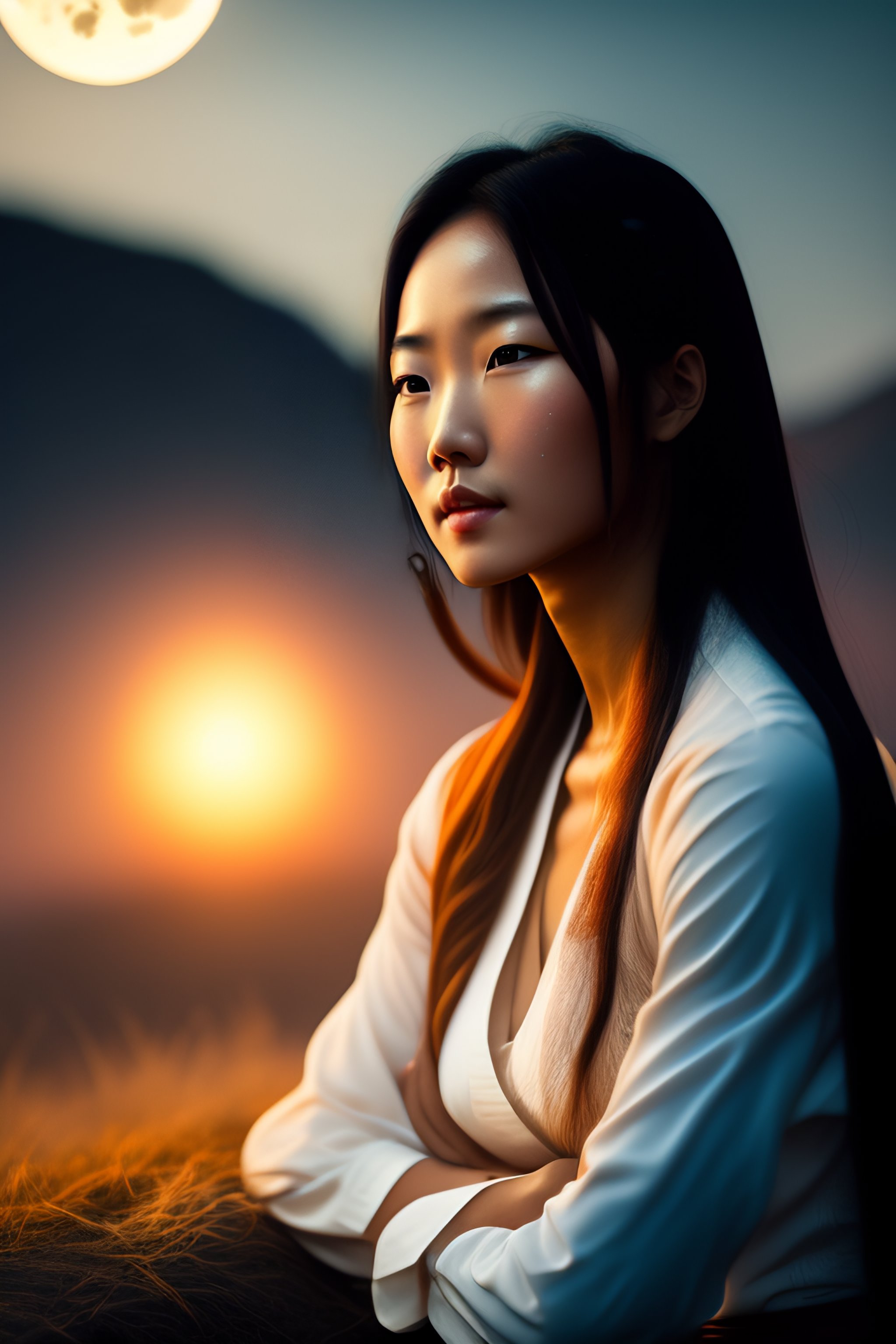 Lexica - Innocent Asian warrior female with white shirt sitting in the moonlight