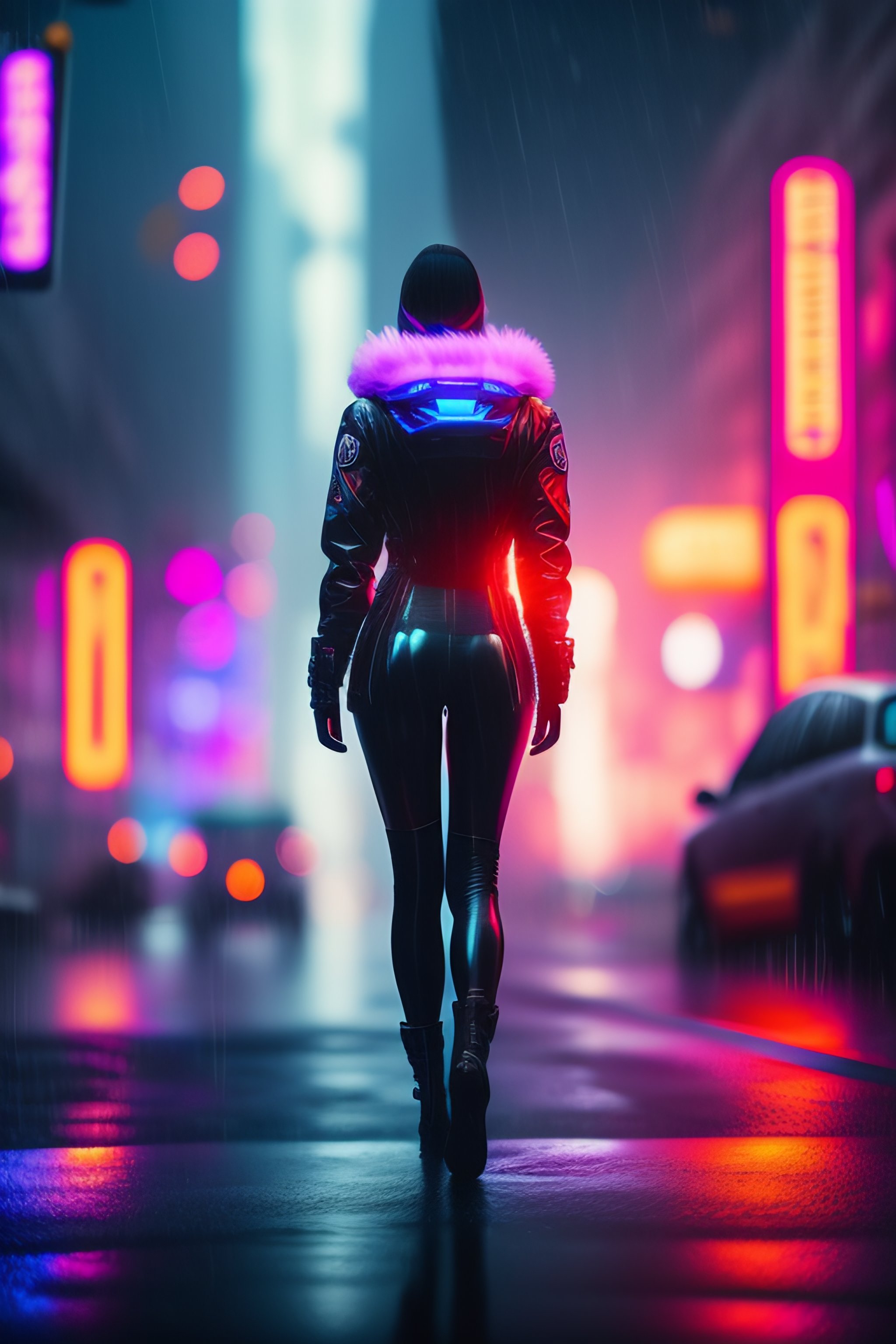 Lexica - Angel, half cyborg, full body, in heavy rain, open road, neon ...