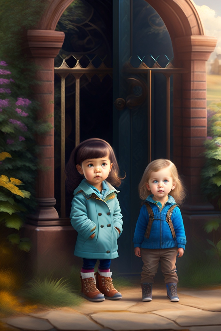 Lexica - Draw two children, a girl and a boy close to exiting a gate ...