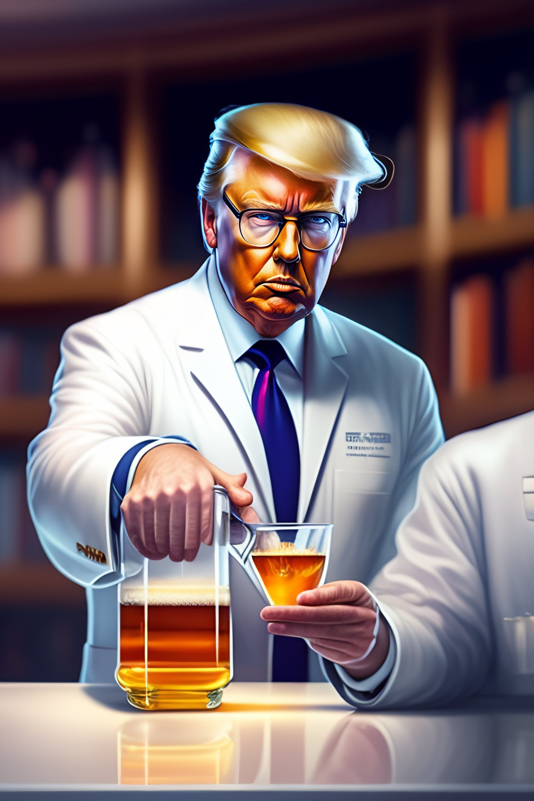 Lexica - Donald Trump holds a ehrlenmeyer flask at eye level, wearing a ...