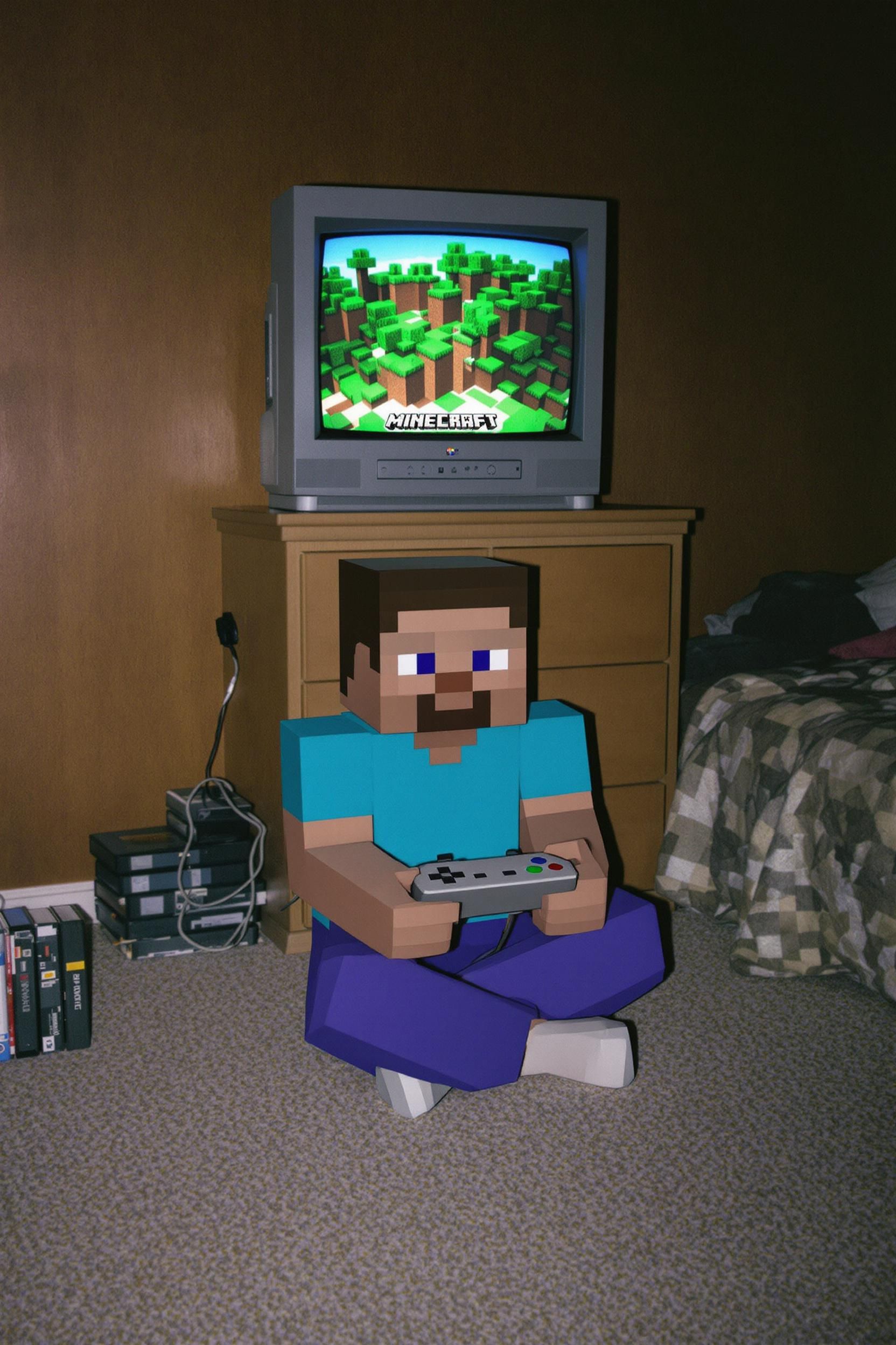 Lexica - Analog photo of blocky Steve from Minecraft playing Minecraft ...