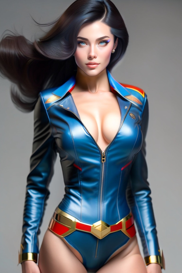 Lexica - Jeans Super Heroine, dark hair, blue jeans bodysuit, blue eyes, bare legs