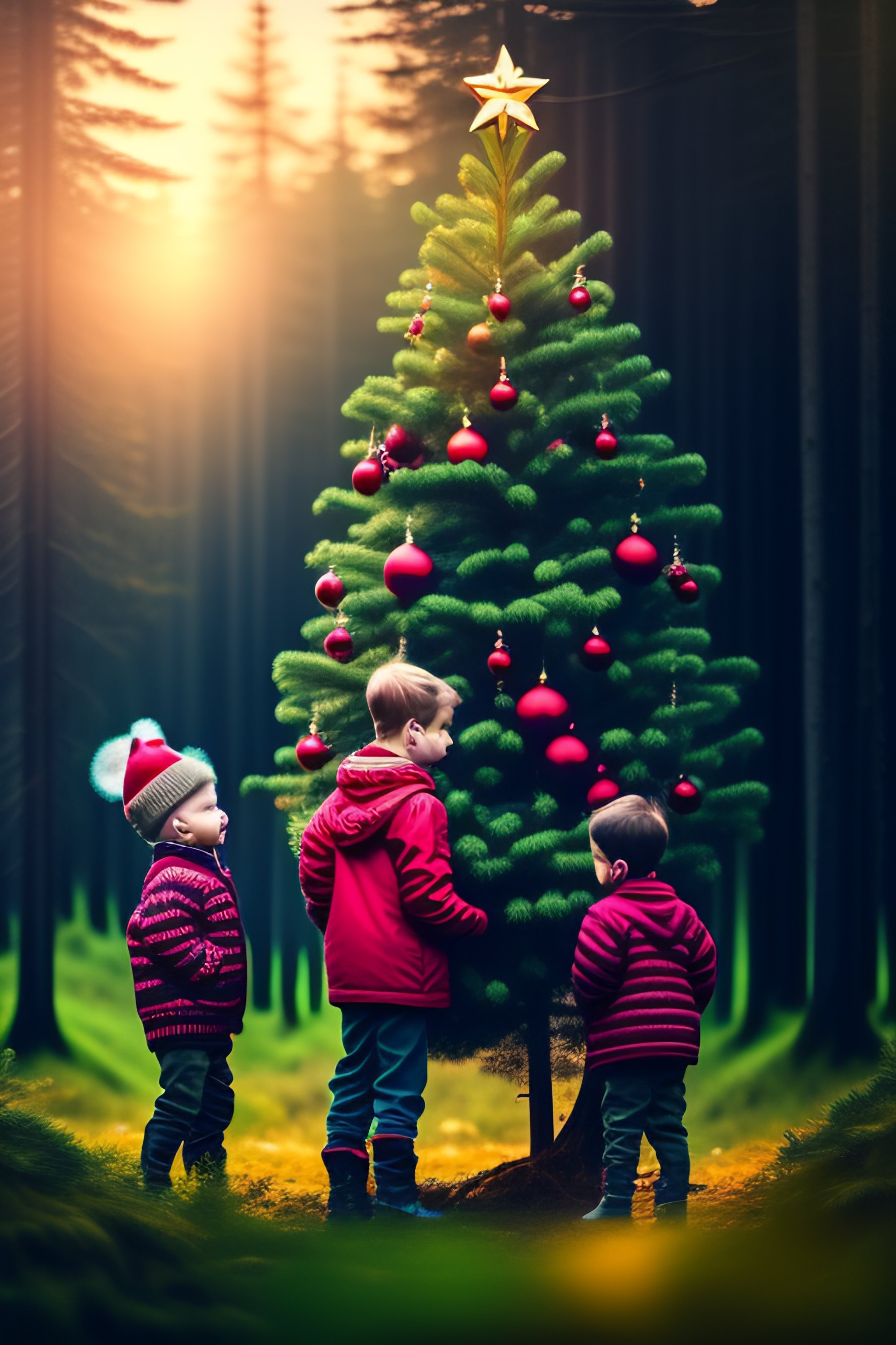 Lexica - Christmas tree in forest with children playing joyful