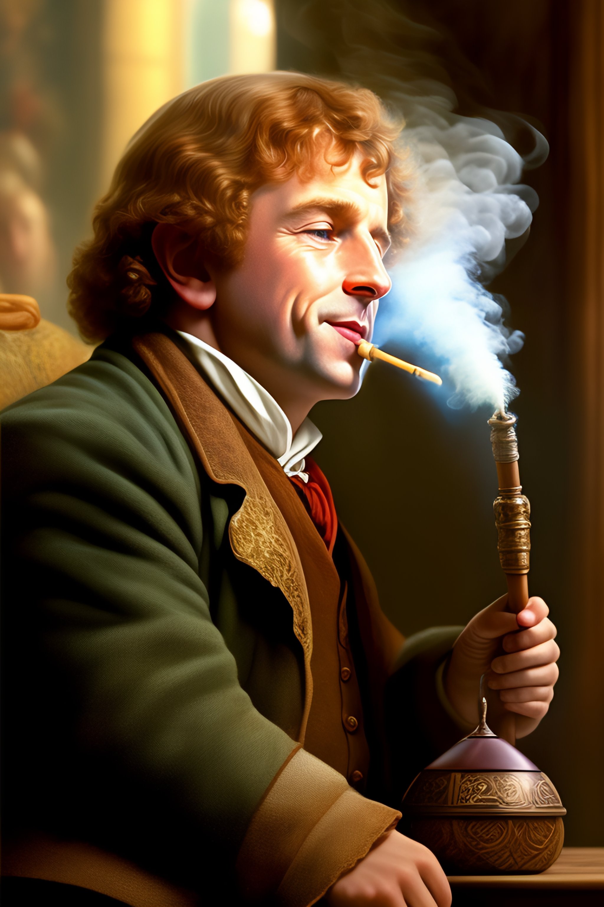 Lexica - Portrait of Bilbo Baggins smooking from a pipe , 8k, oil ...