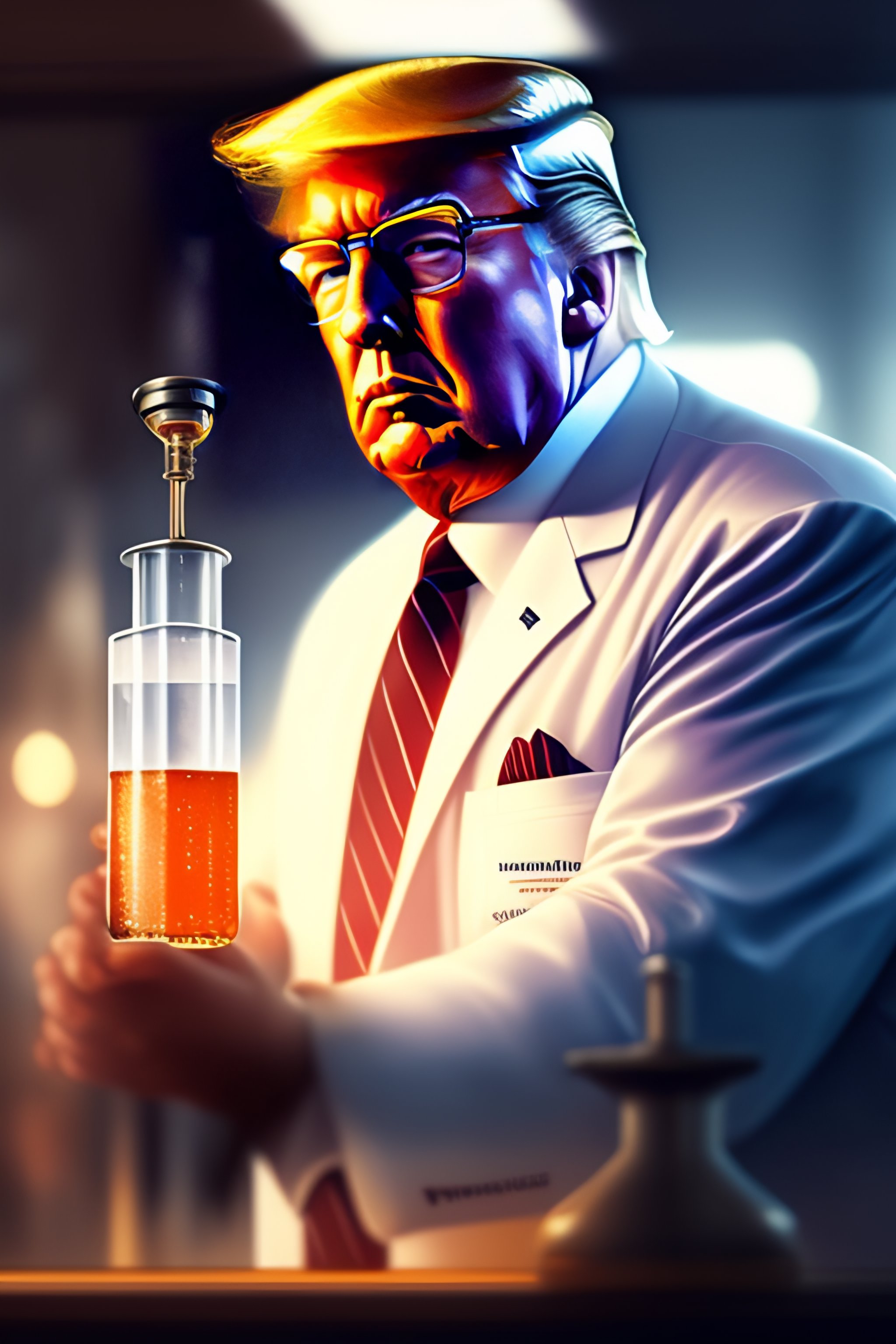 Lexica - Donald Trump holds a ehrlenmeyer flask at eye level, wearing a ...