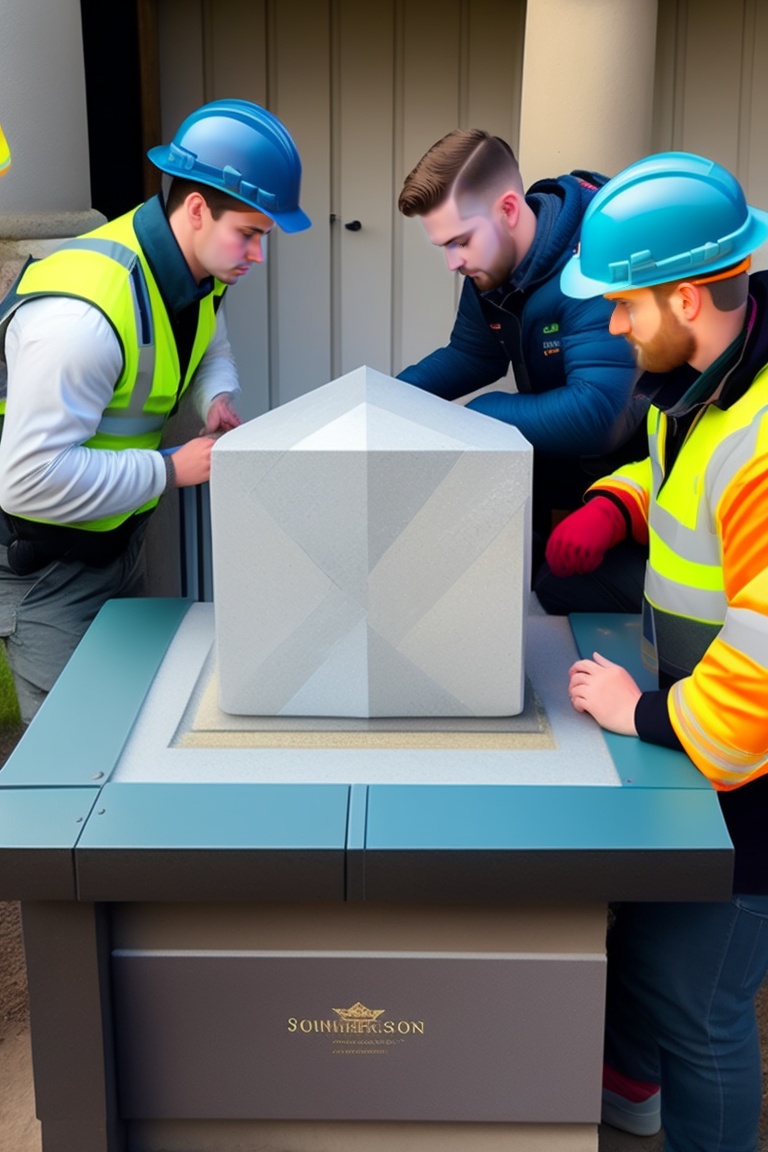 Lexica - 4 freemasson apprentices facing a cubic pointed cut stone , one using a bracket, one ...
