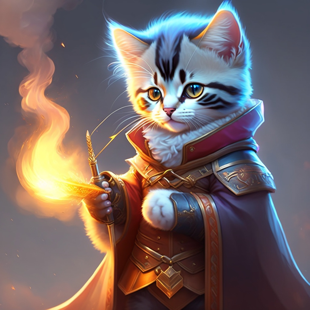 Lexica - Adorable kitten fire mage holding wooden fire staff, Cyberpunk