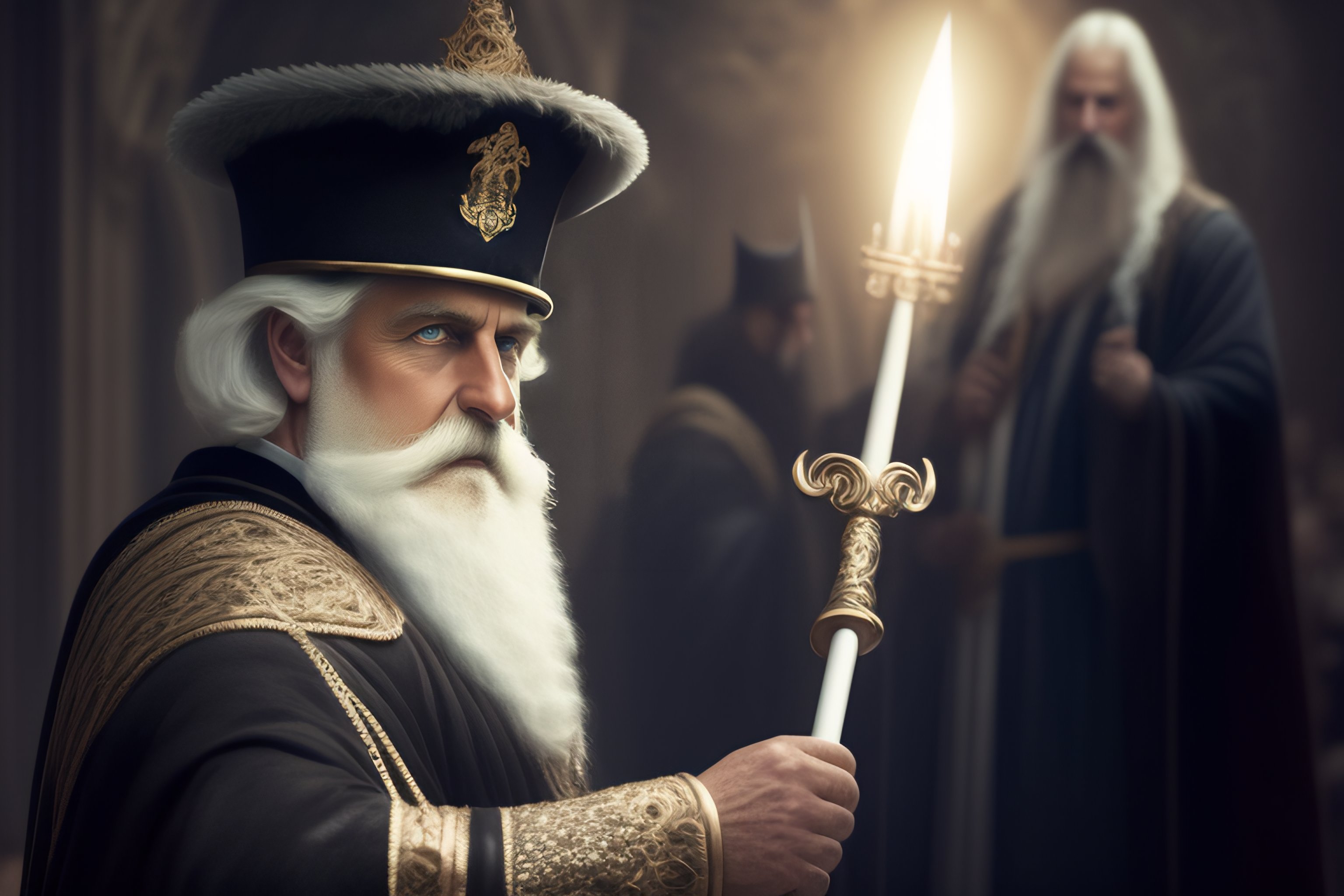 Lexica - One Greek wizard in dark robe hold a staff that has a white ...