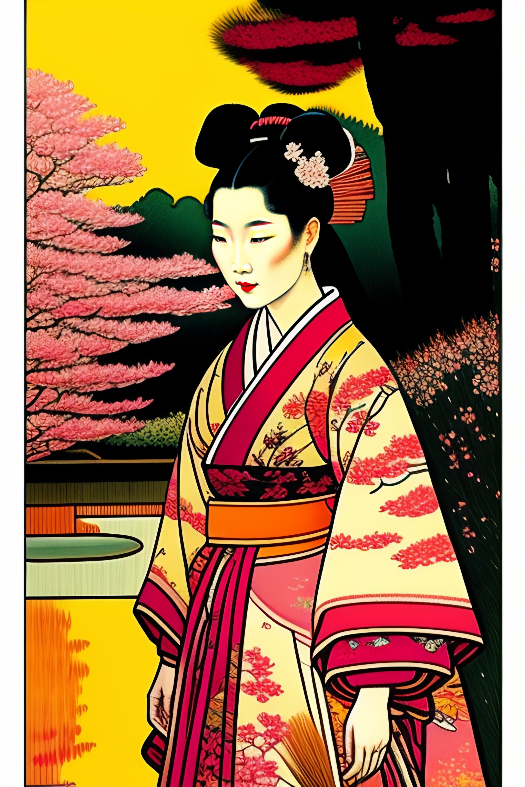 Lexica - Line drawing color of a geisha walking at sunset through a ...