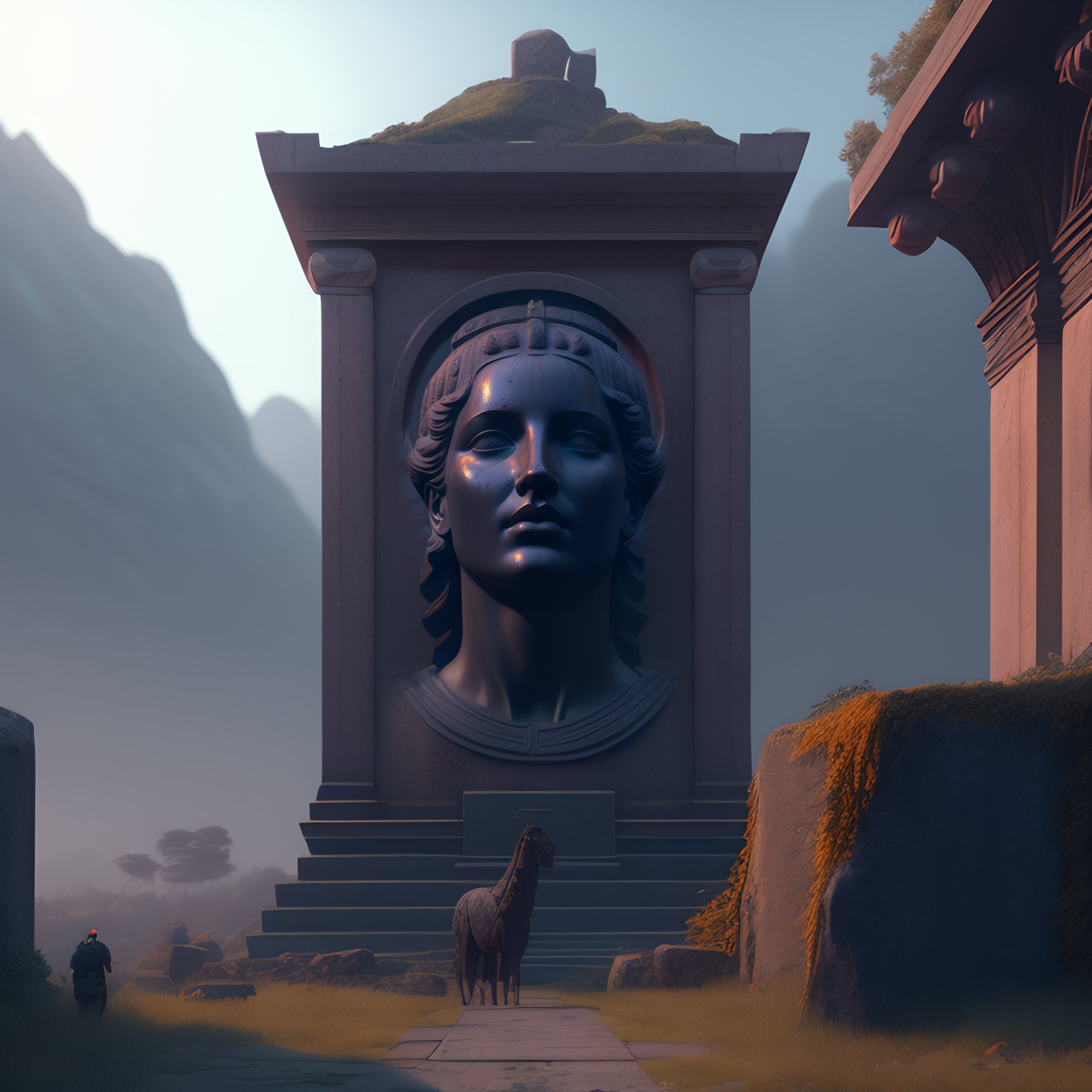 Lexica - Big huge statue with Greek and roman head of stone lying split ...