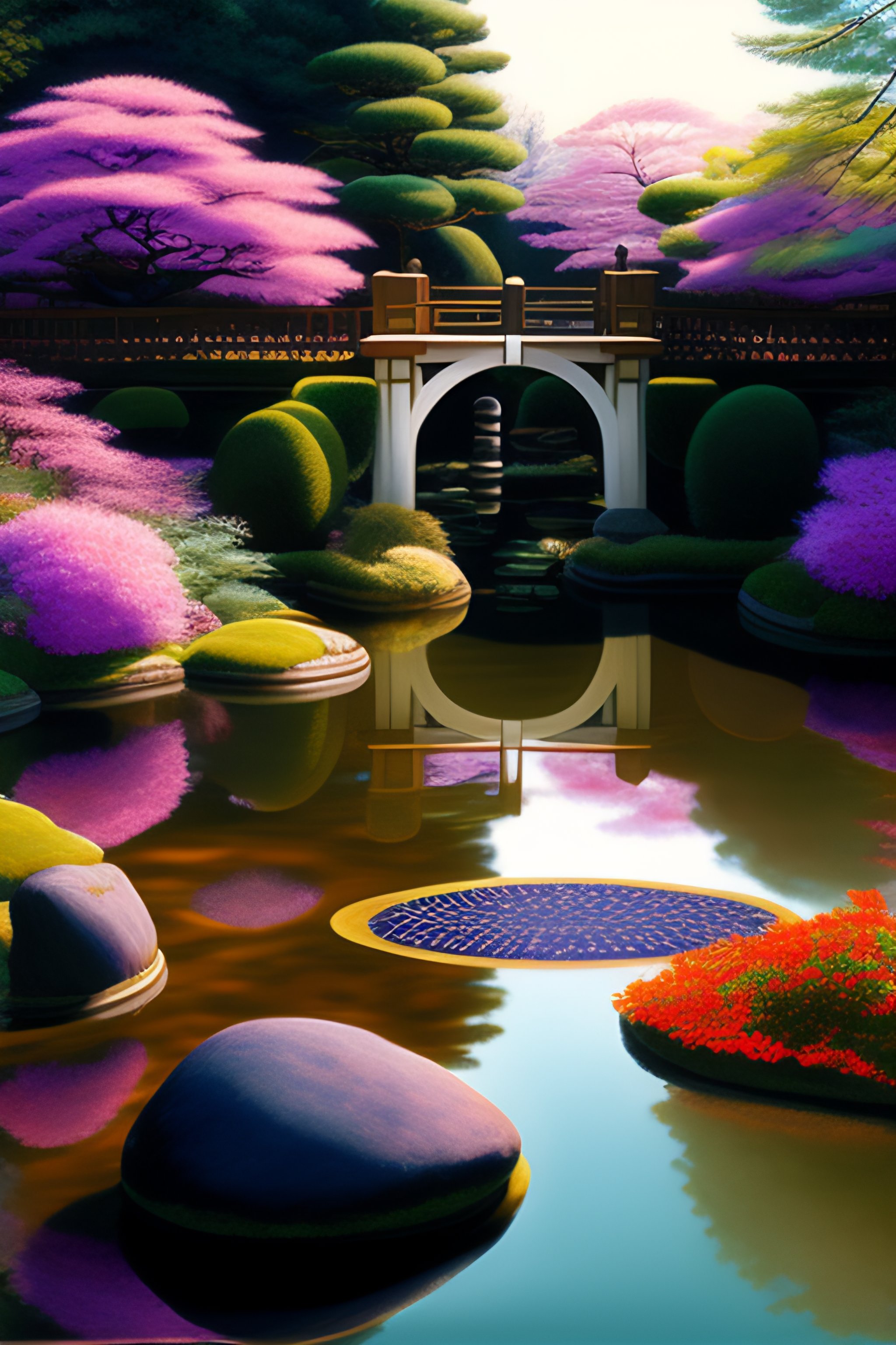 Lexica - Japanese garden with cherry blossom trees, koi fish pond, by ...