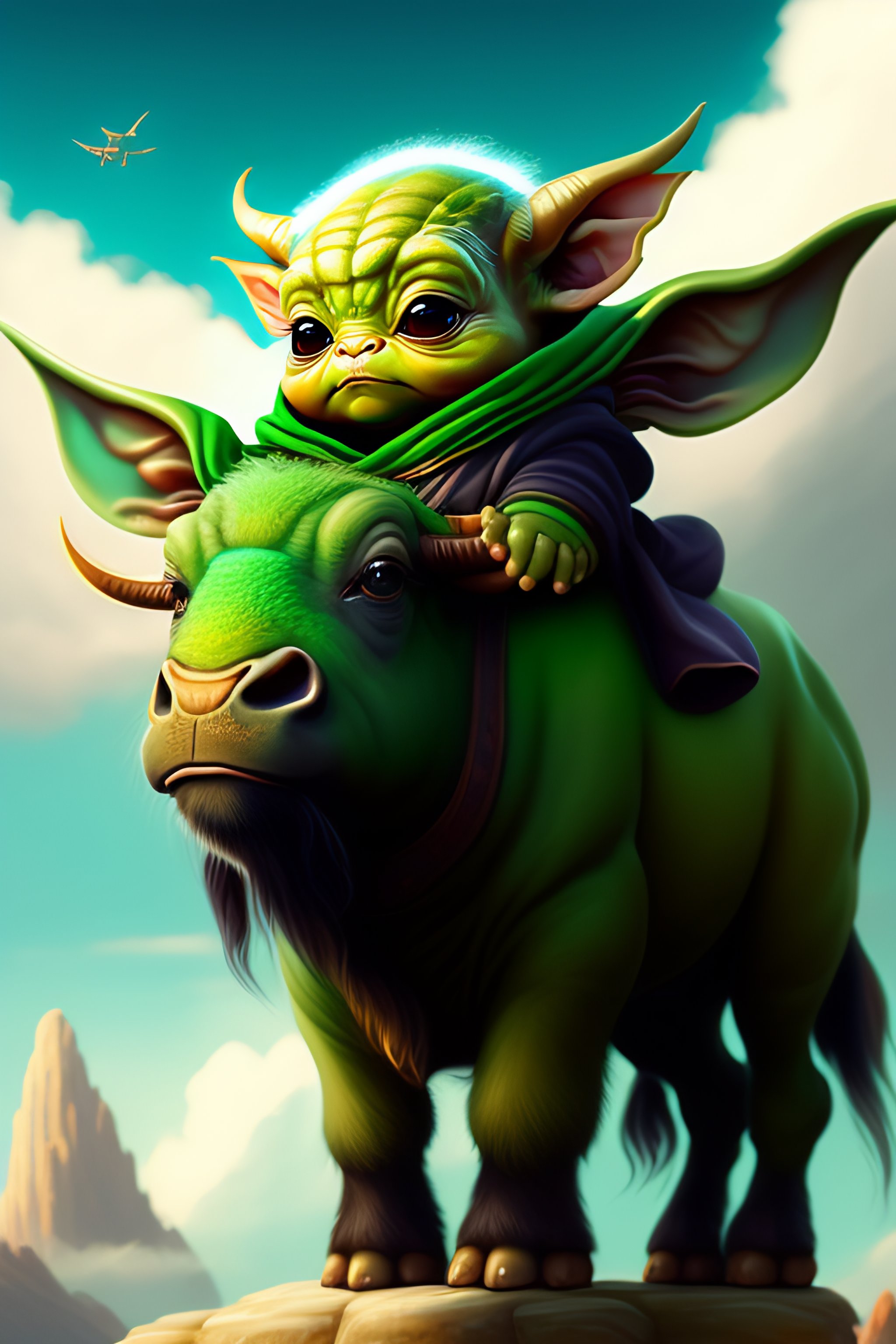 Lexica - Baby yoda looking confused riding on oppa the flying bison ...