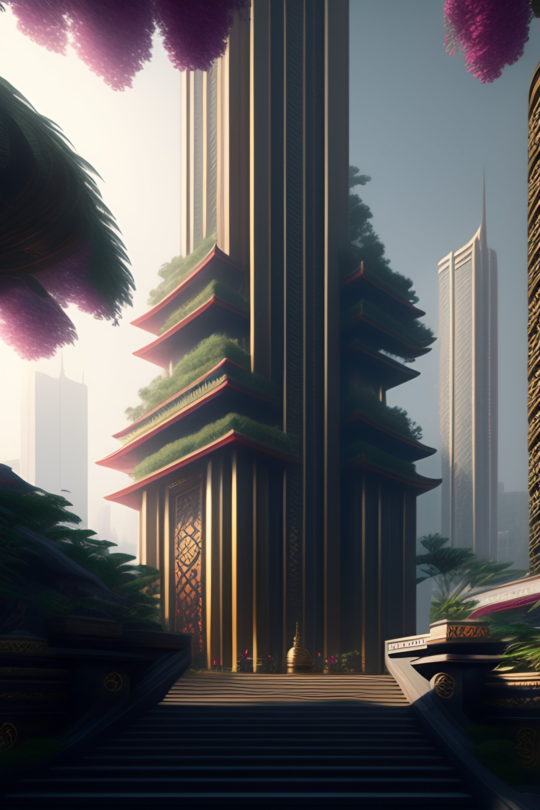 Lexica - Chinese style temple in front of cyberpunk skyscrapers, hyper ...