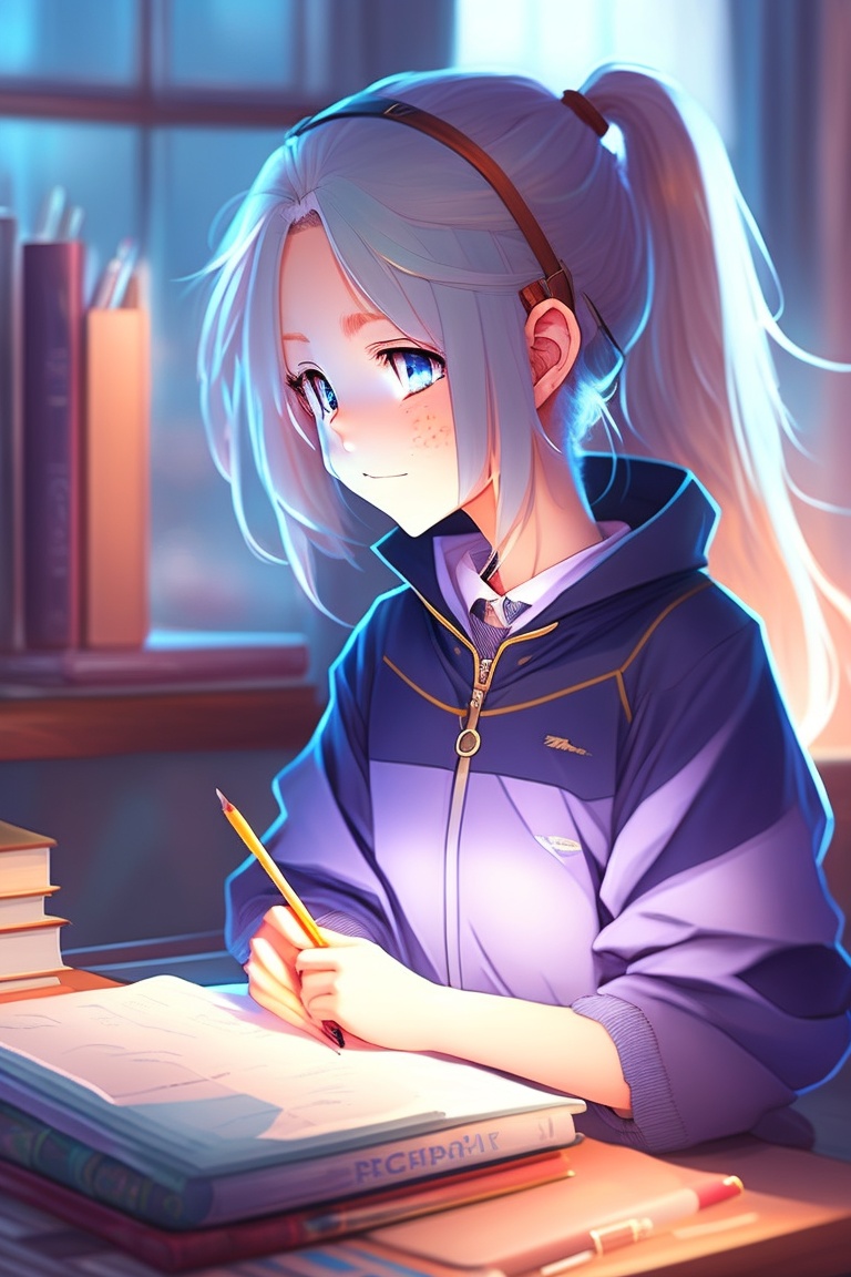 Lexica - Girl, anime, pajamas, homework, night, white hair, cute
