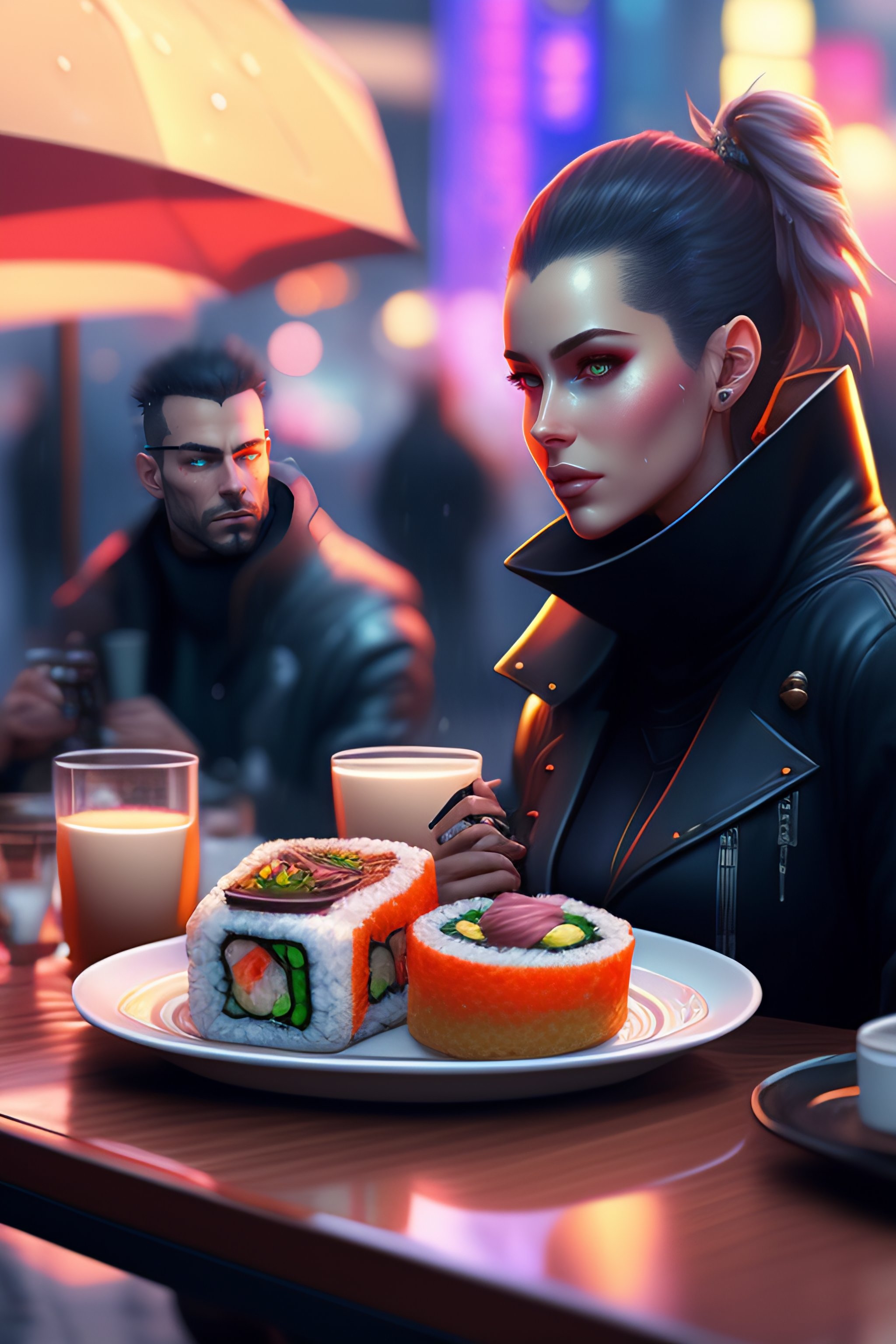 Lexica - A group of cyberpunk cyborg eating sushi on a table outside in ...