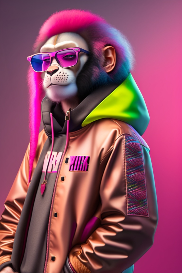 Lexica - Monkey with pink hair, wearing prada glasses, in a nike jacket ...
