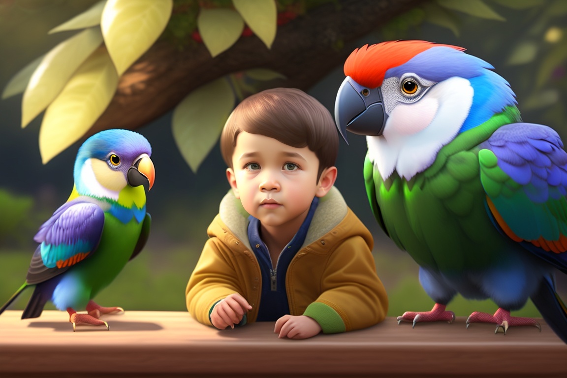 Lexica - A young boy with parrots sitting under the tree,hyper ...