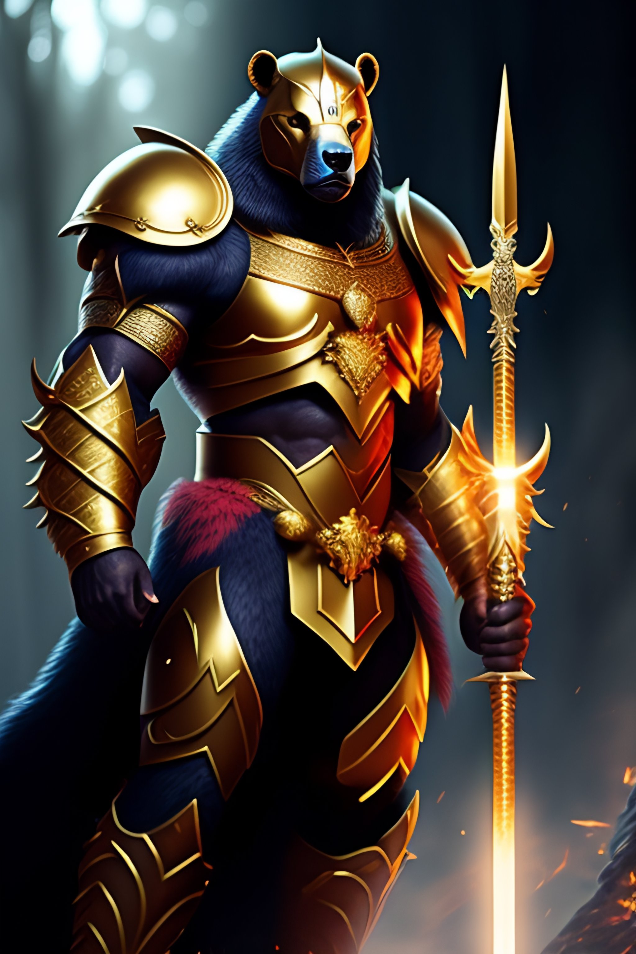 Lexica - Humanoid warrior bear wearing golden armor weilding a giant ...