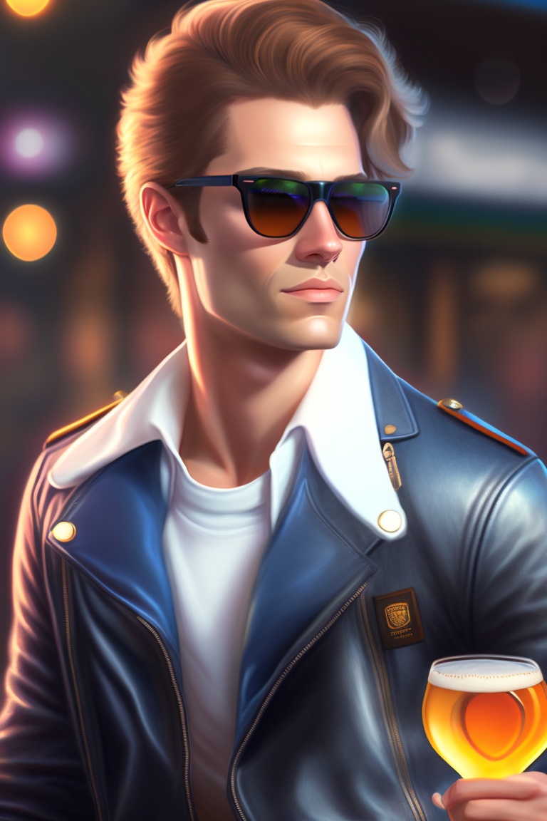 Lexica - 1980 decade, male, black jacket, white tshirt, dark eyeglasses ...