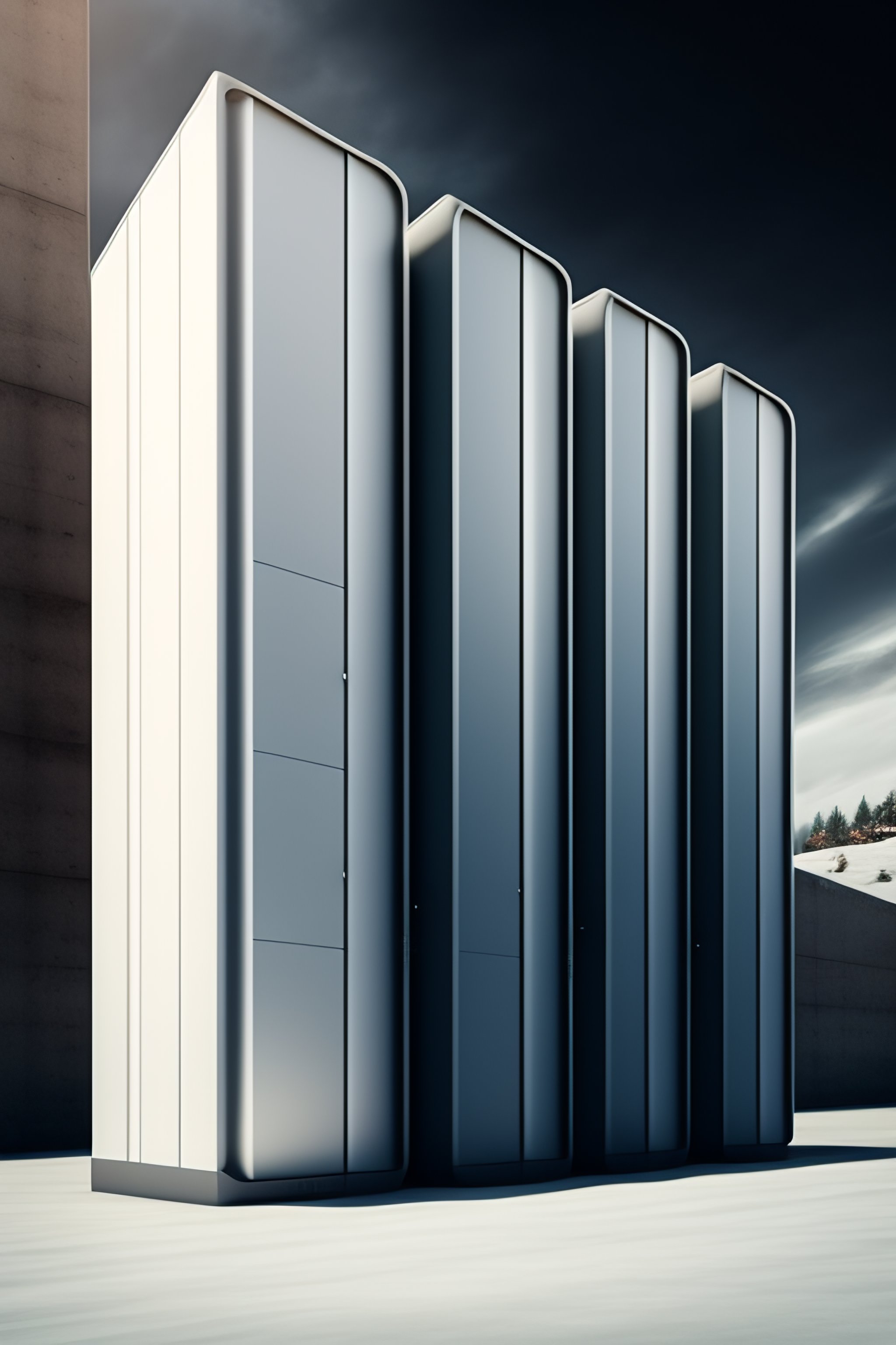 Lexica - Row of white fridges giant concrete modern brutalism architecture