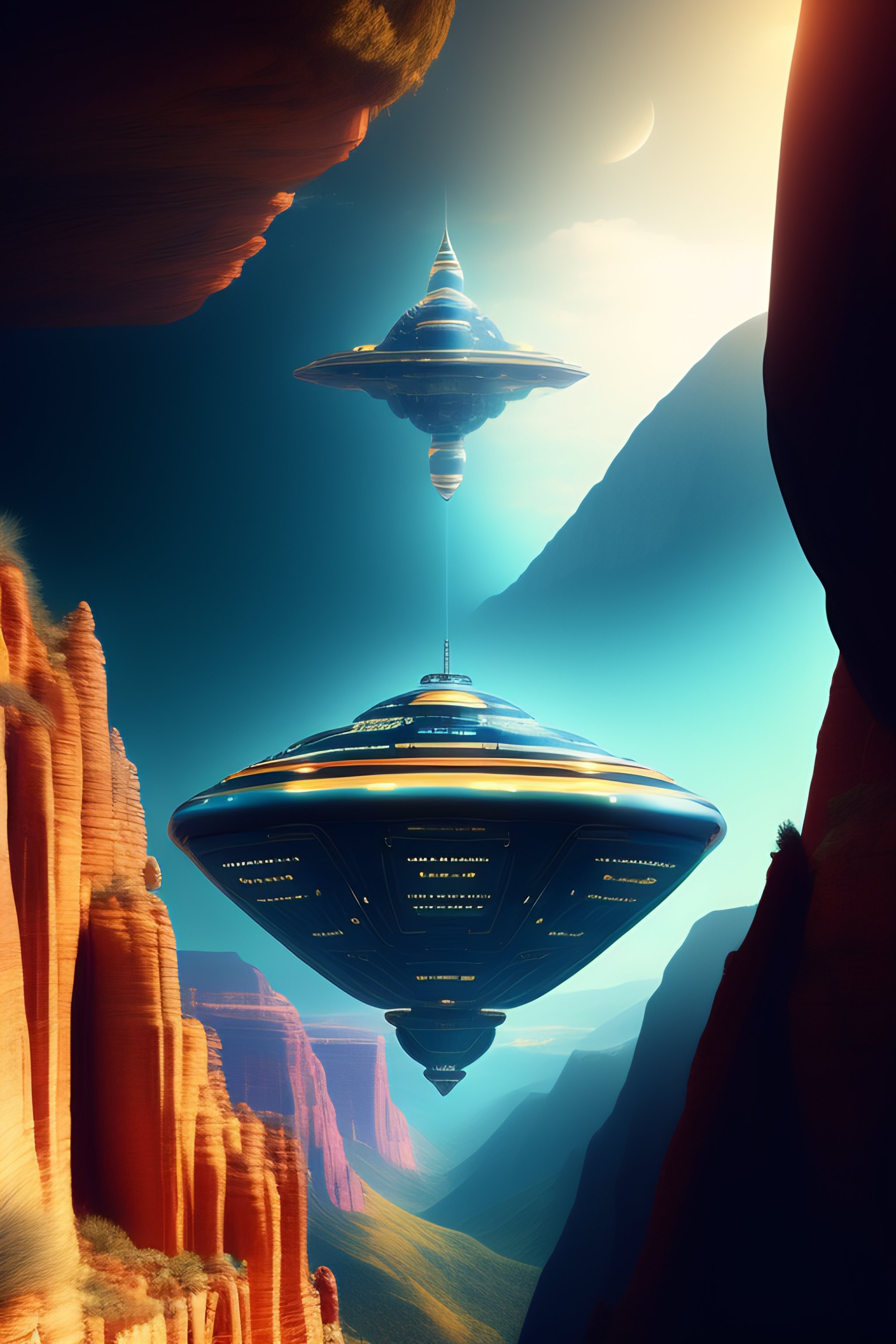 Lexica - Spaceship floating in the middle of a mountainscape
