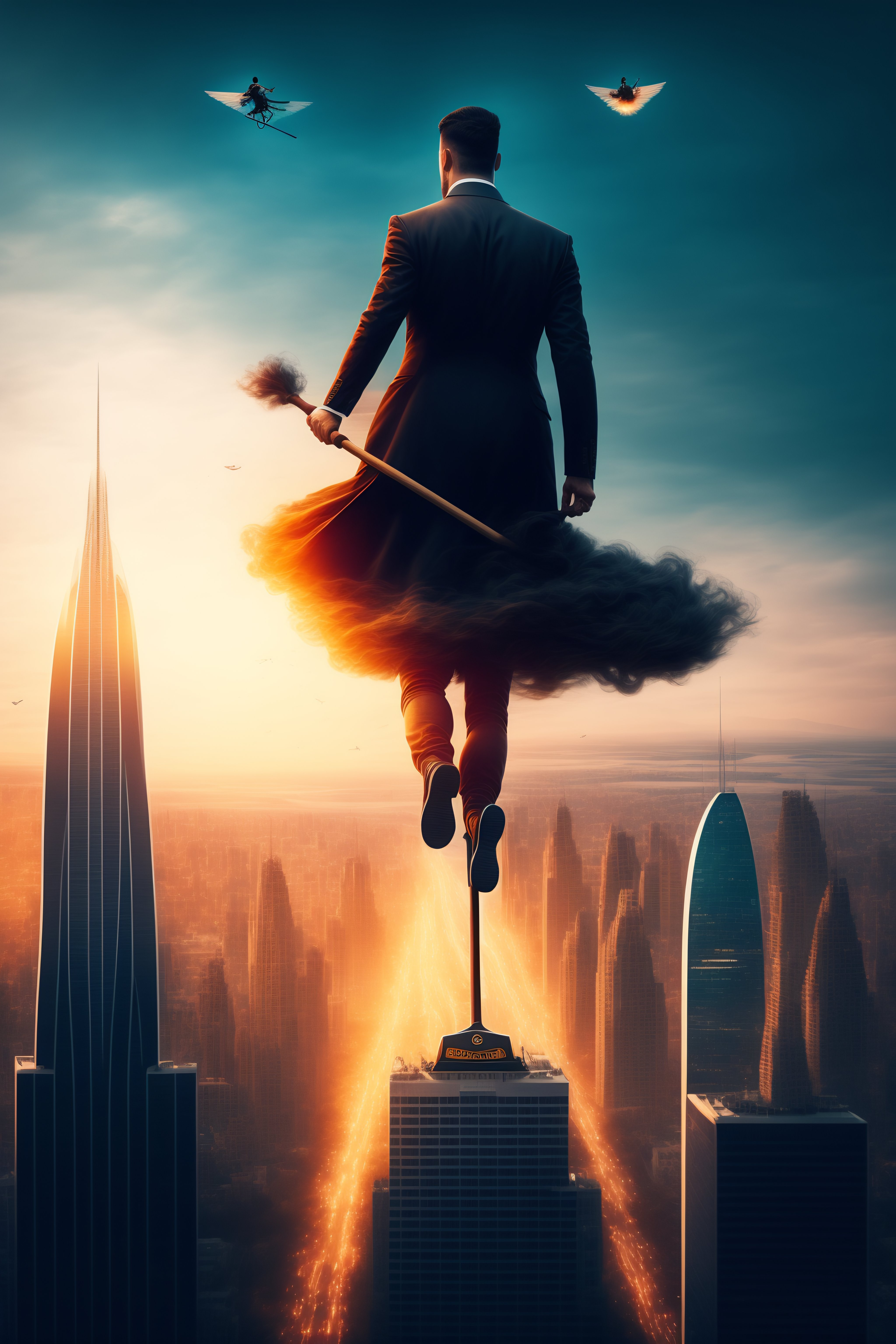 Lexica - Man riding a broomstick over the city flying
