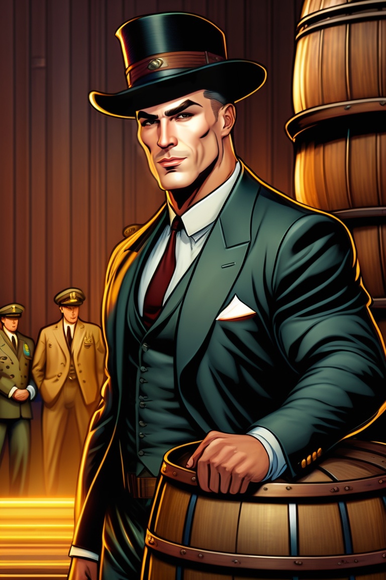 Lexica - Male 1920s mobster standing next to a wooden barrel while ...