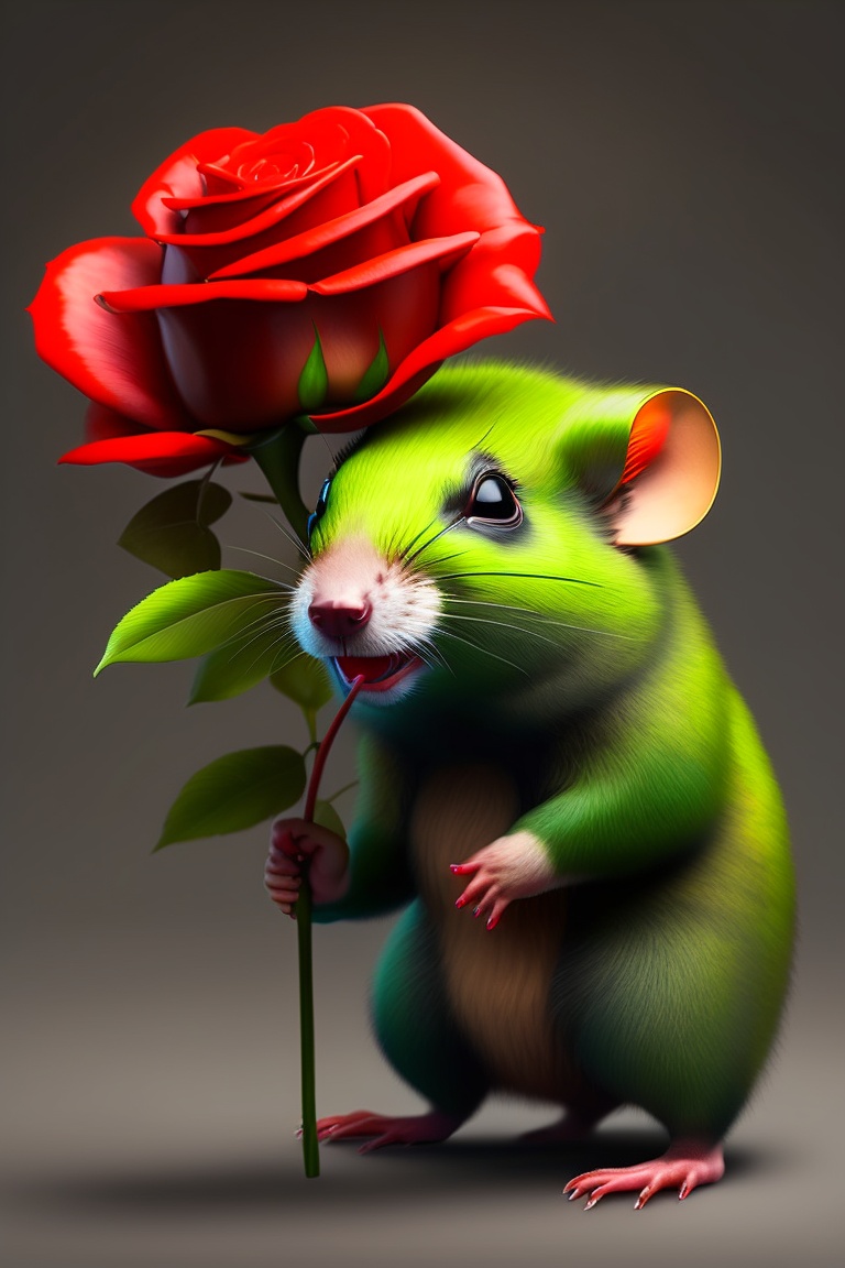 Lexica - A poisonous giant green rat holding a red rose r, digital art