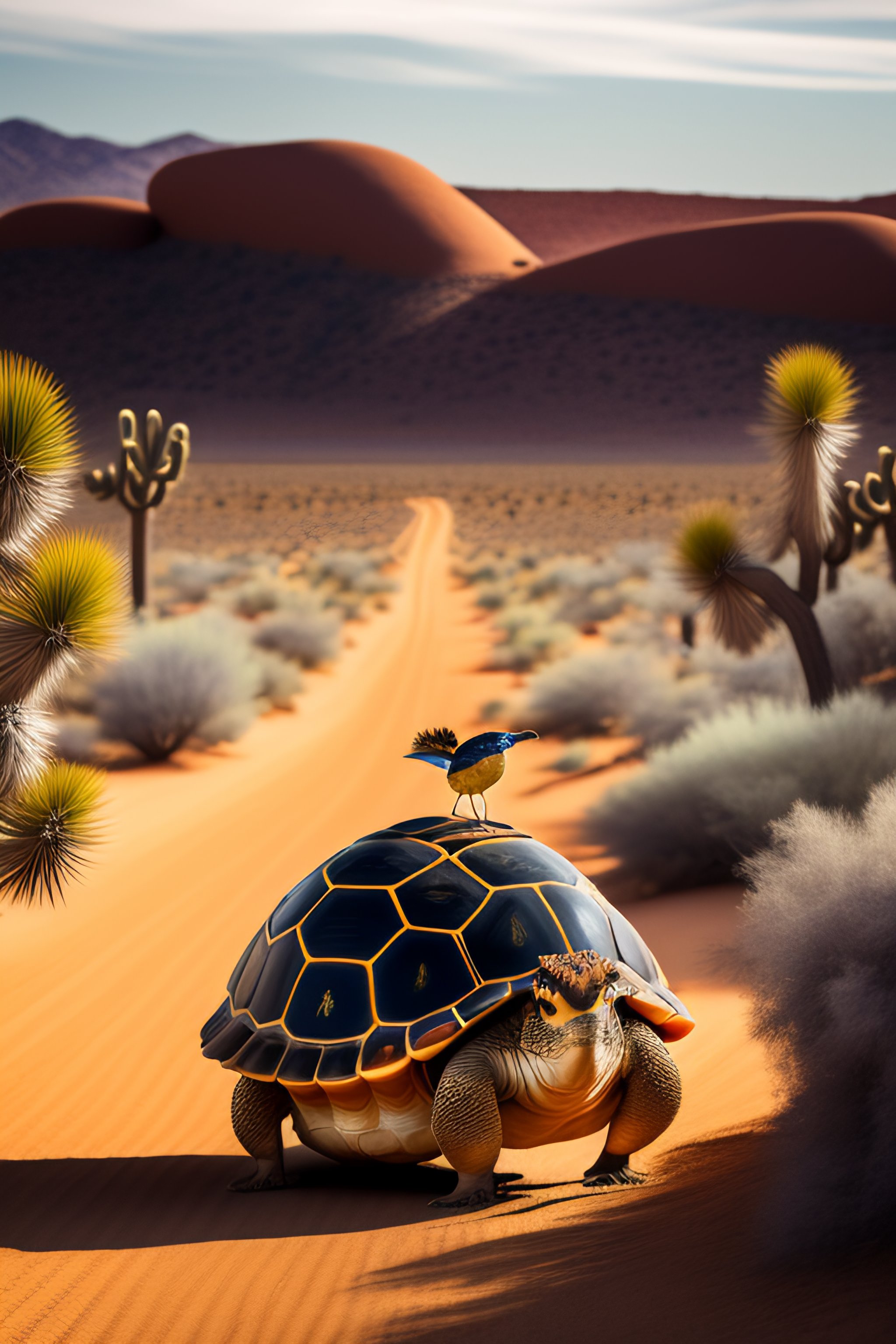 Lexica - A road-runner riding a tortoise in Joshua Tree, 8k photograph ...