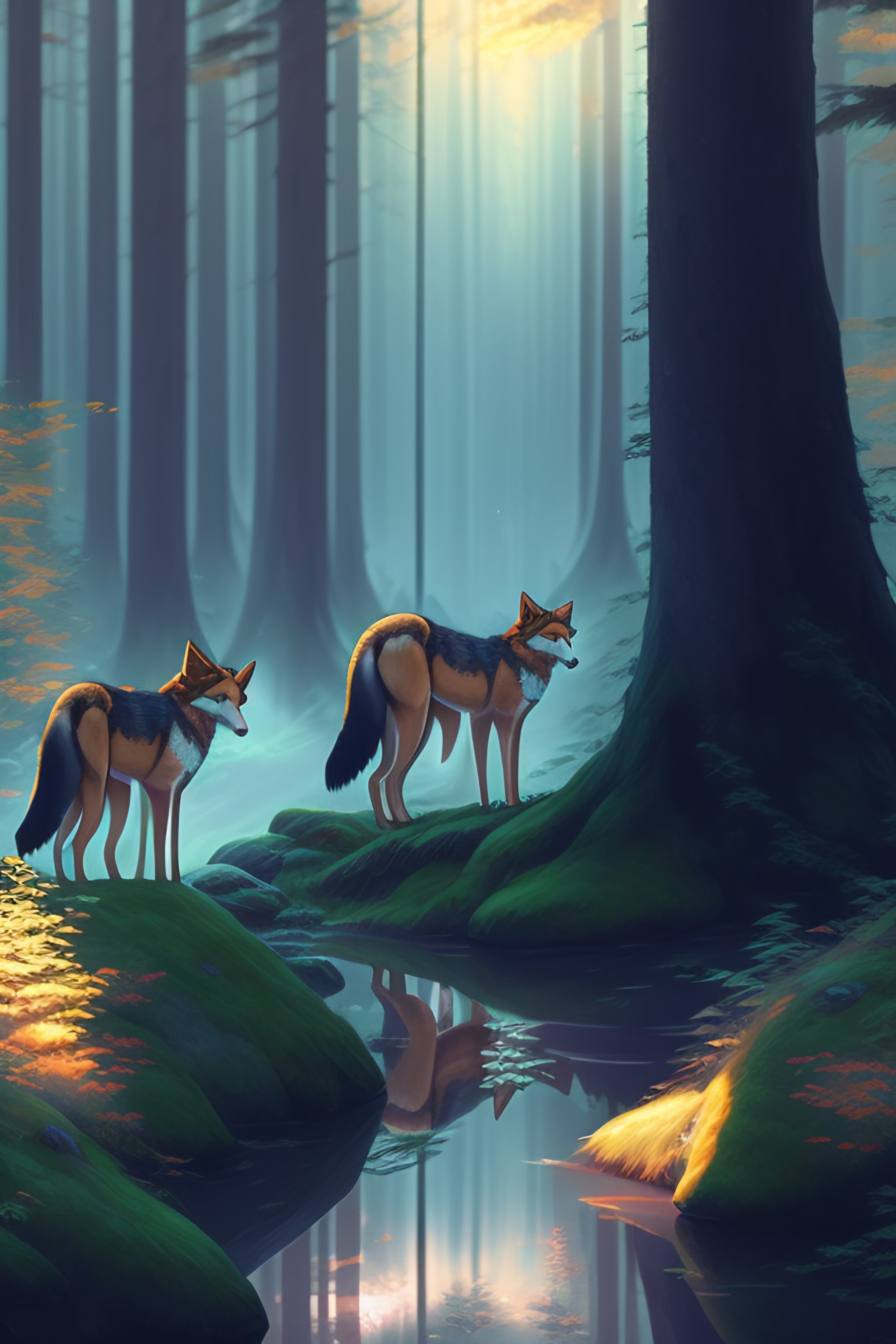 Lexica - Wide shot illustration about 3 little wolves In a forest ...
