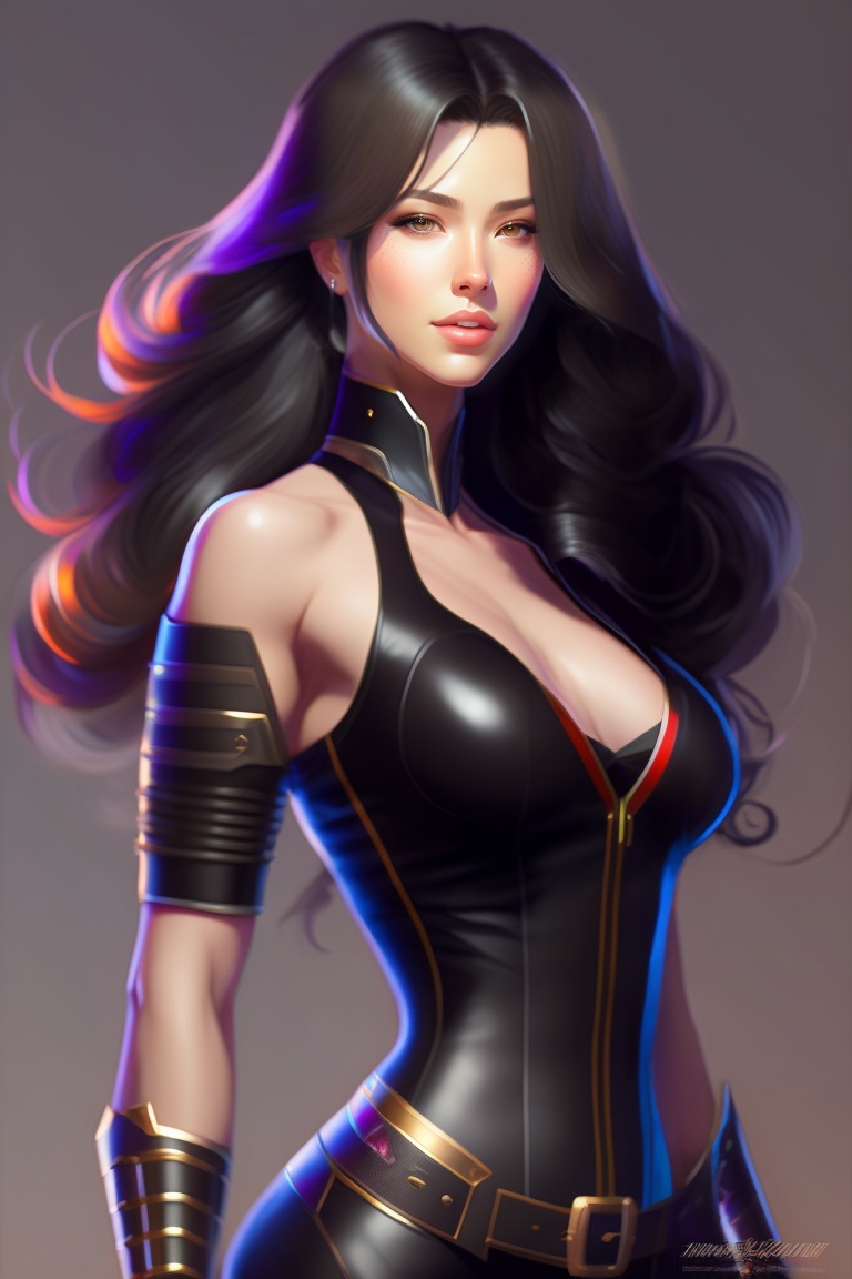 Lexica - Goth, black hair, bimbo, strong, spandex, superhero, brunette, muscular, realistic ...