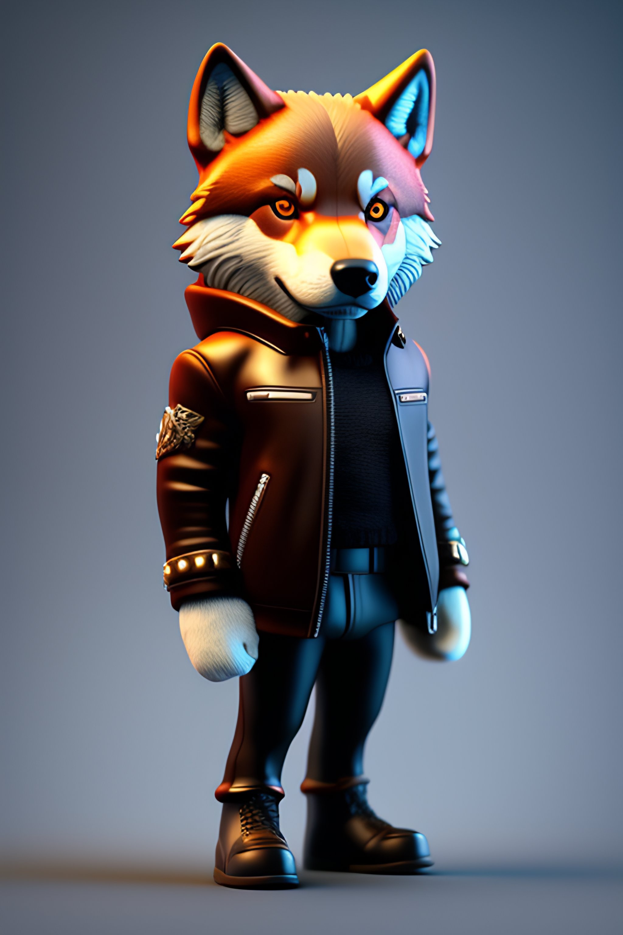Lexica - Full body 3d render of funko pop wolf in a leather jacket