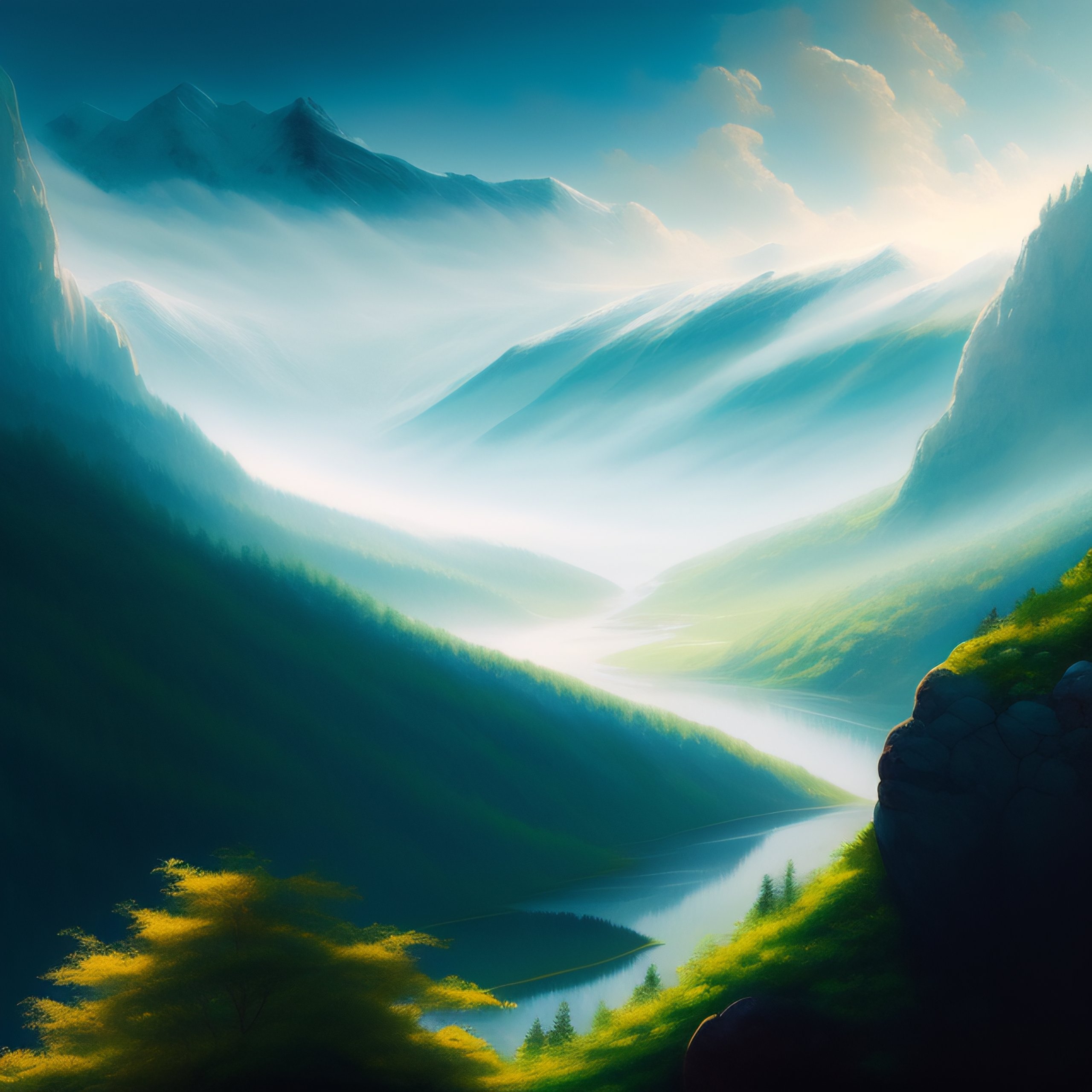 Lexica - A lush landscape, atmospheric, forest far away, blue ocean ...