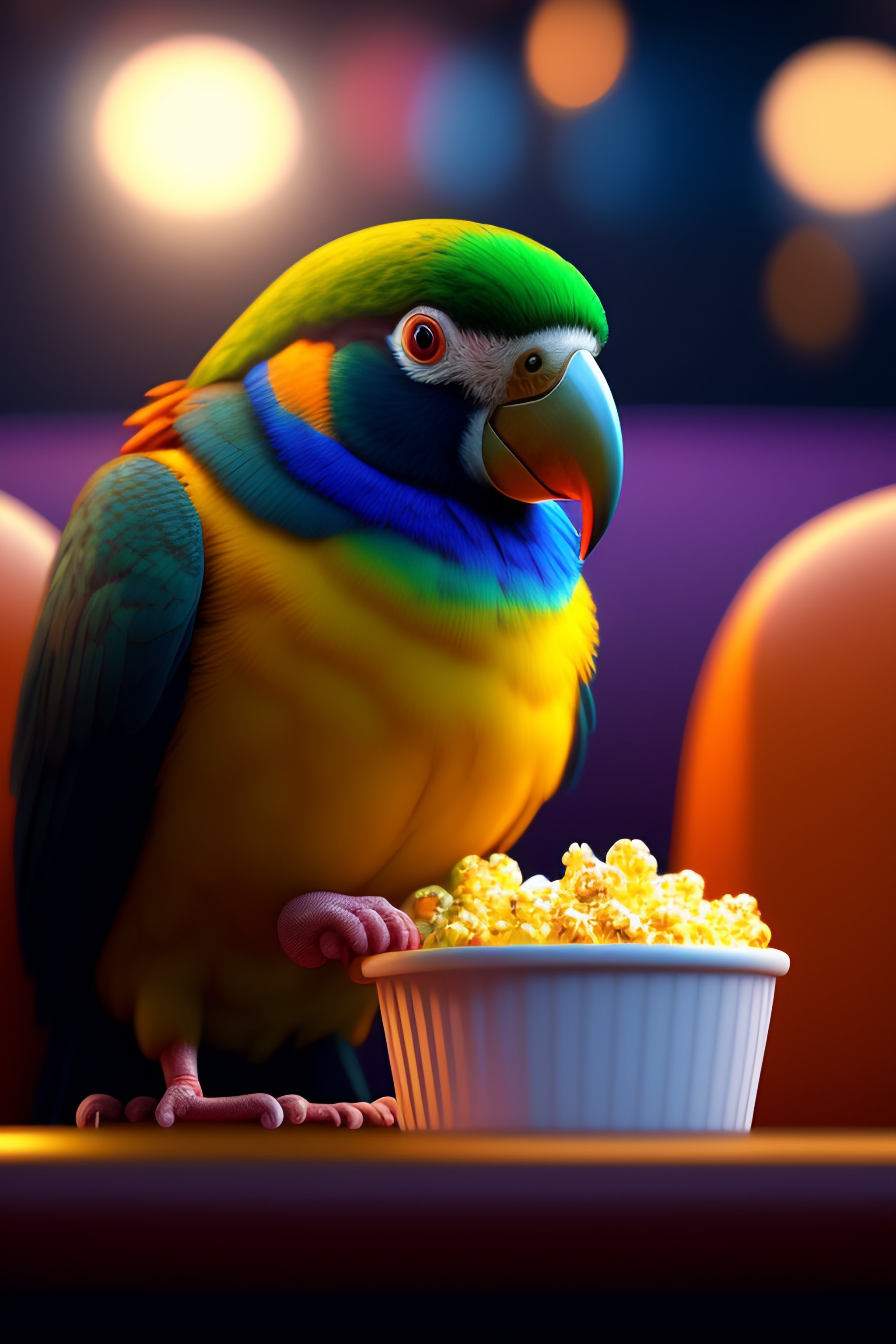 Lexica - Cute small humanoid parrot sitting in a movie theater eating ...