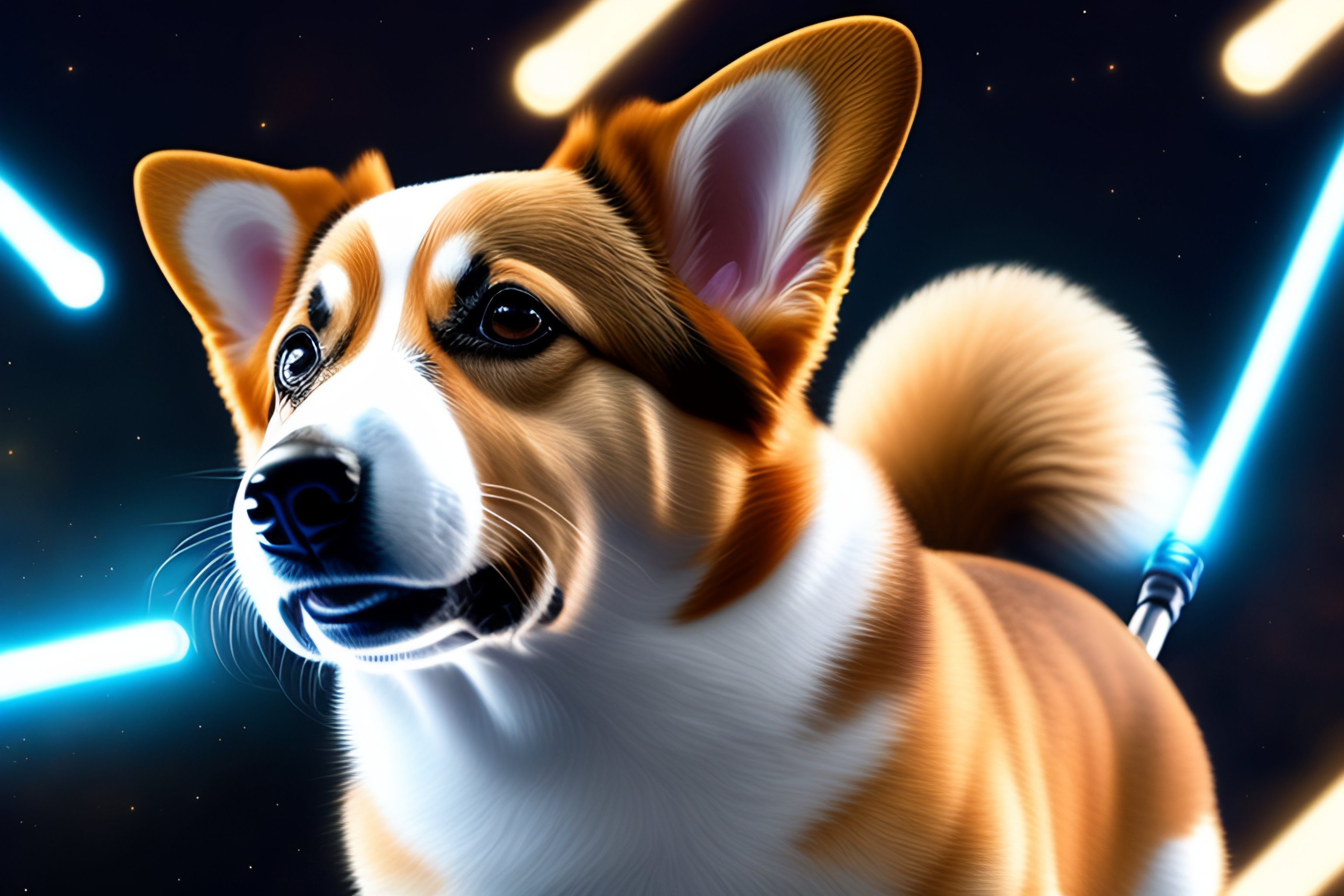 Lexica - Zoom background of Corgi's in the star wars universe lightsaber