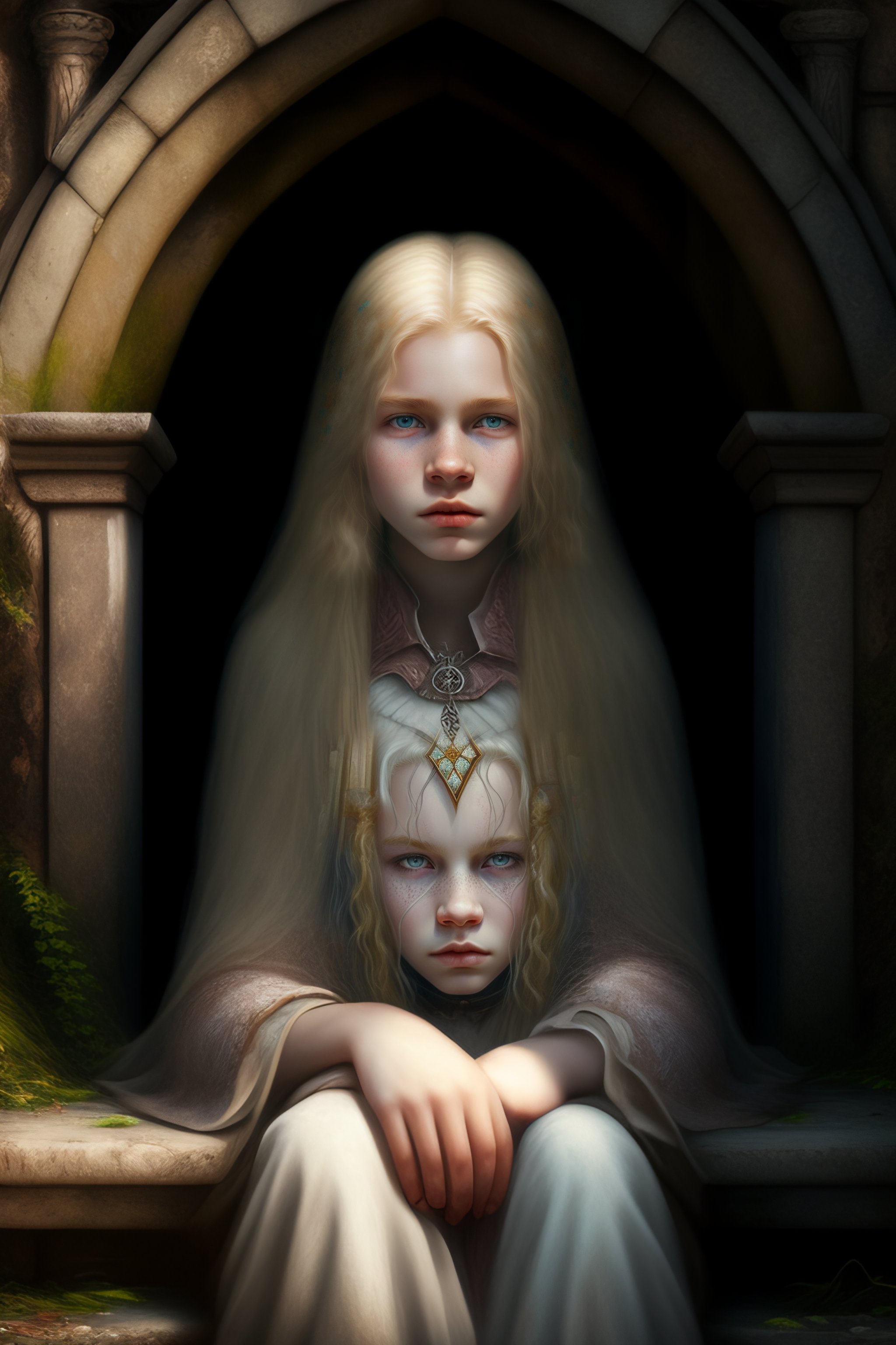 Lexica - 12 years old sad looking albino vampire female sitting on the ...