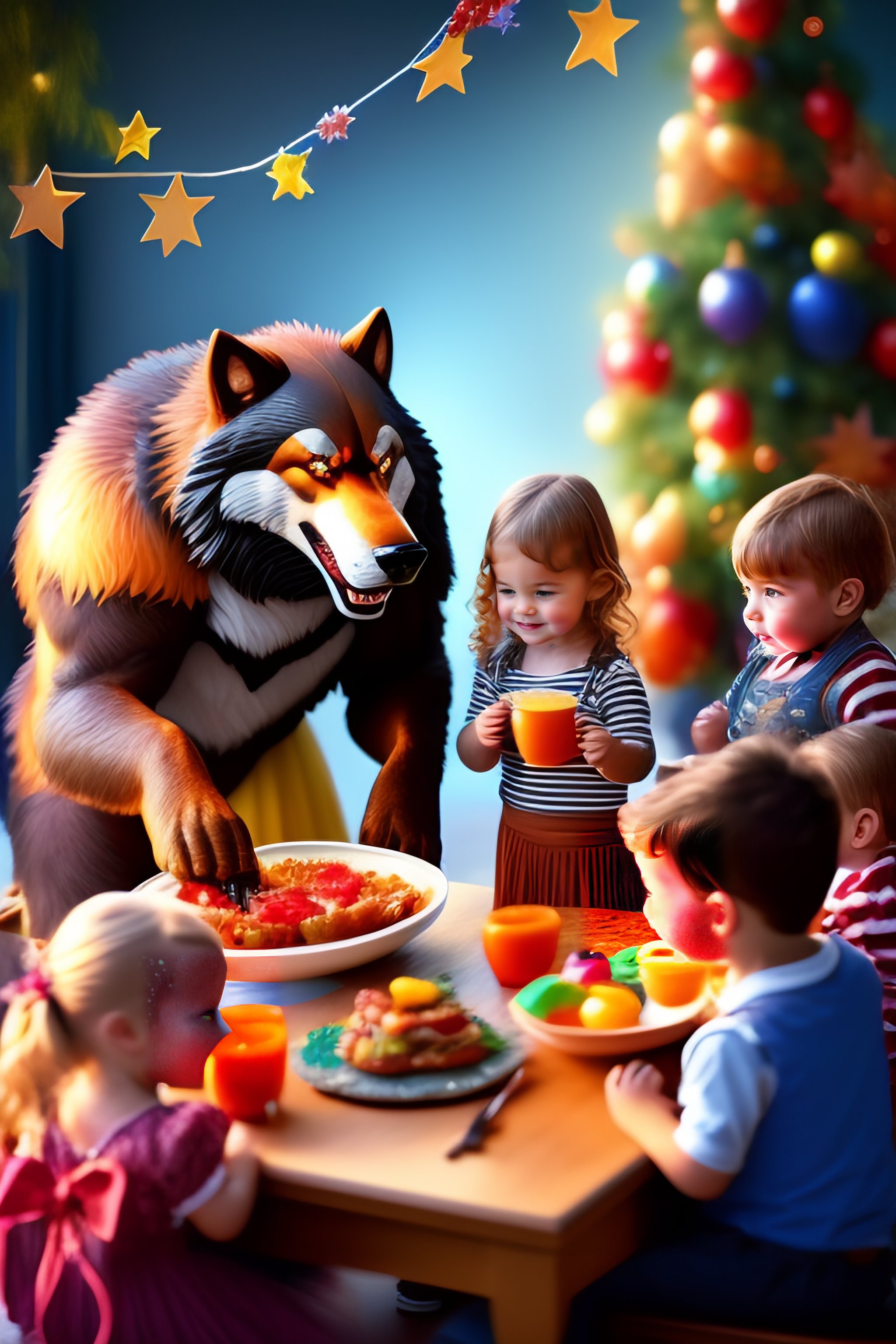 Lexica - Kindergarten werewolf party , eating realistic free star fairy ...