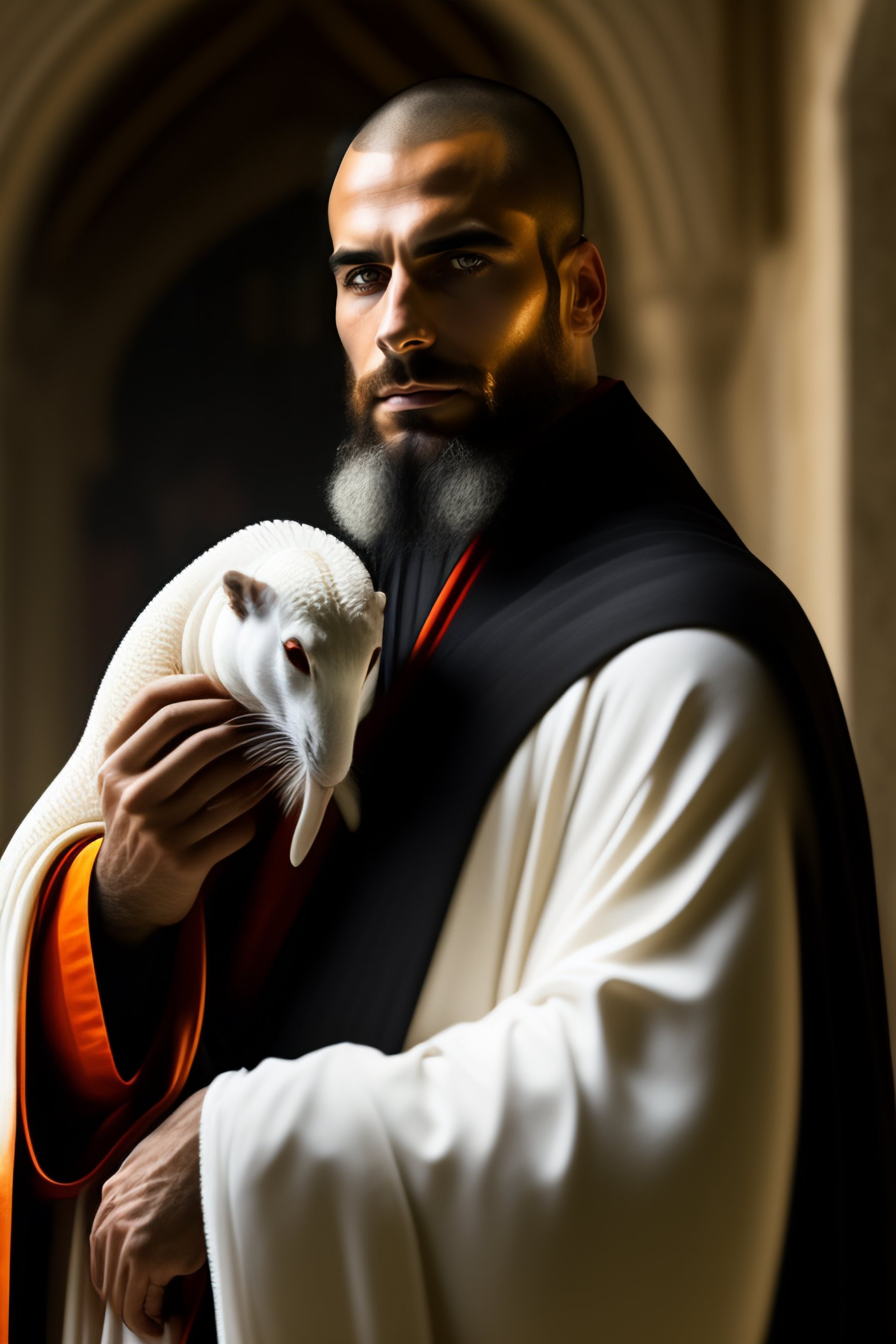 Lexica - Greek monk in dark robe hold a white snake