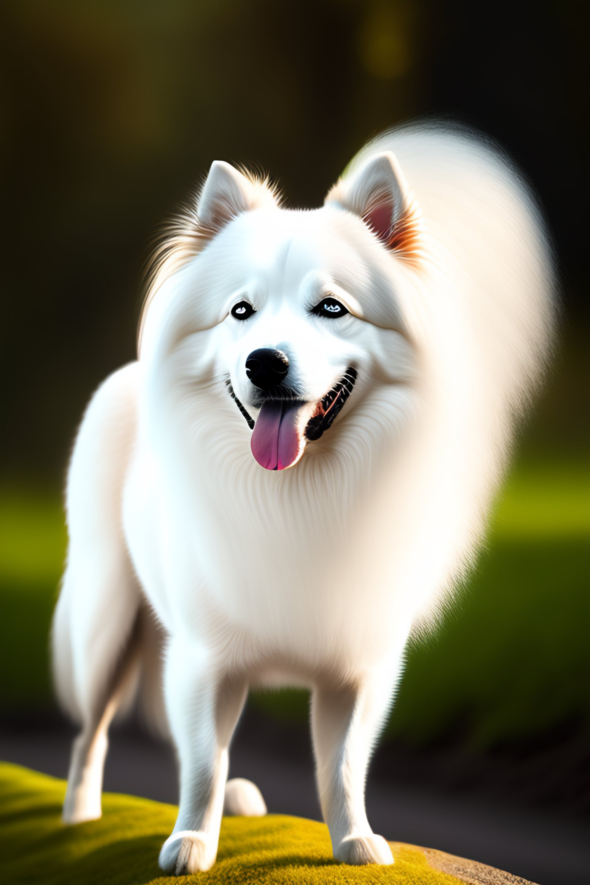 Lexica - A spitz dog, pure white, thin, long white hair, smiling