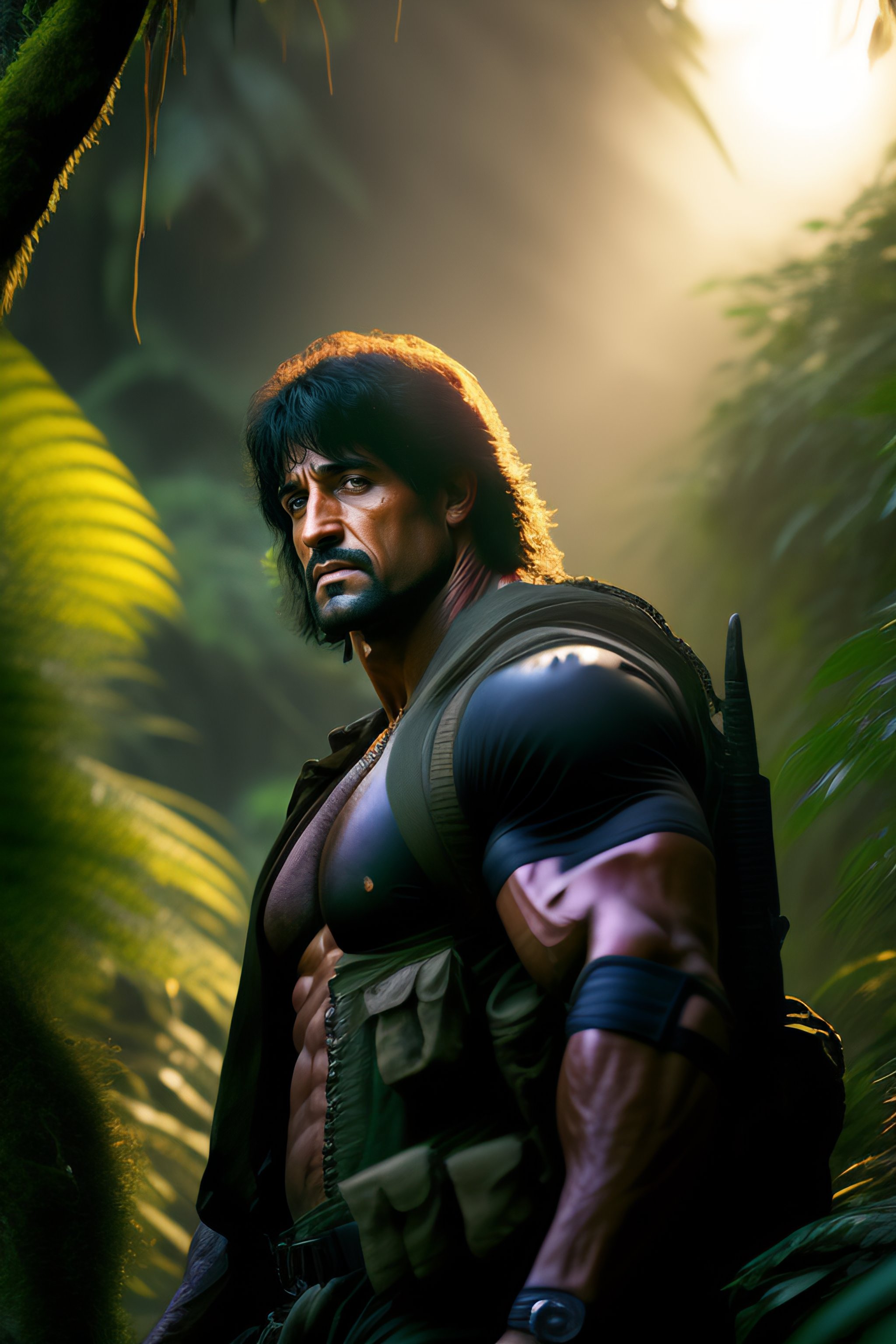 Lexica - Action shot of john rambo in a jungle, cinematic lighting ...